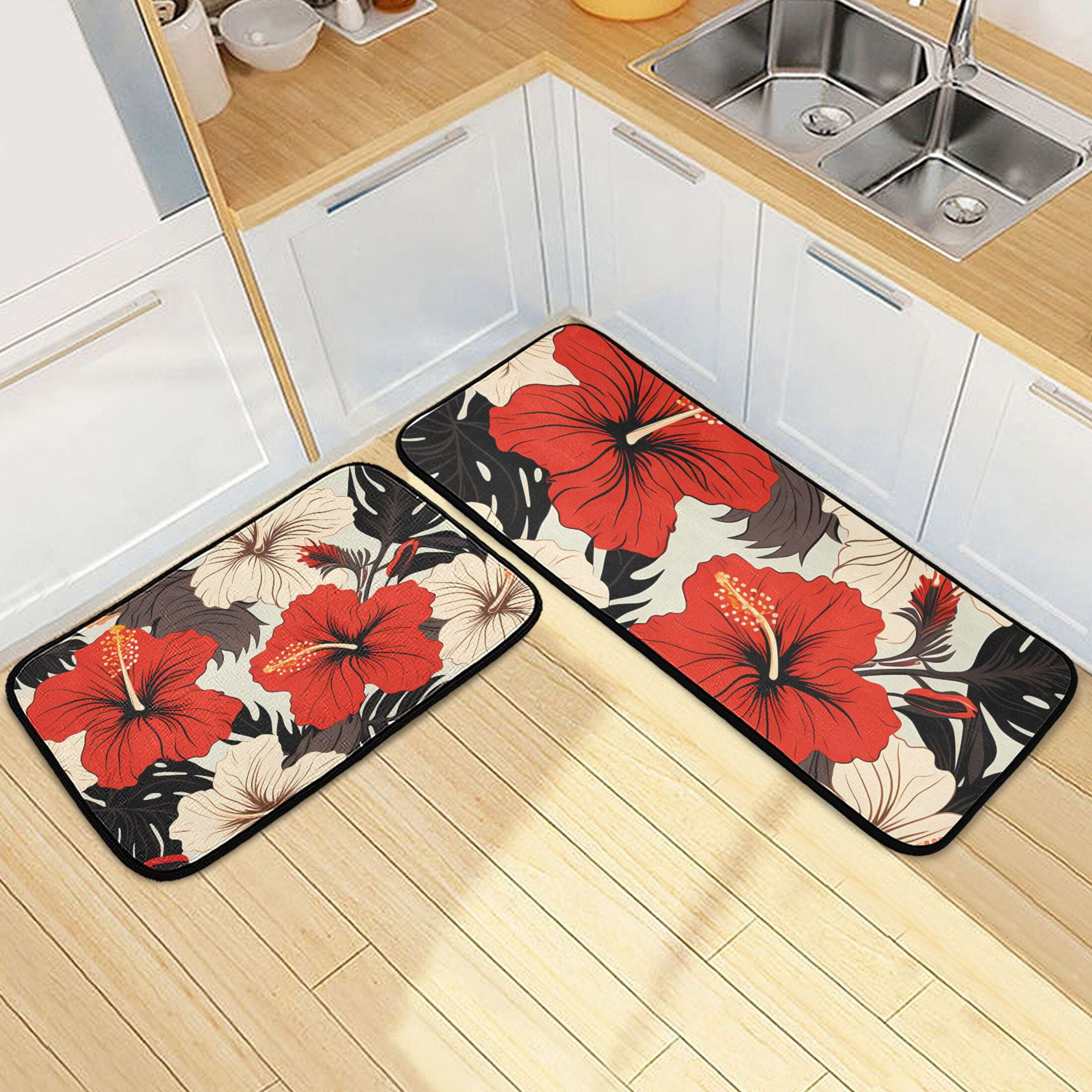 Flowers Red and Beige Lily Floral Kitchen Mats Set 2 Piece Non Slip ...