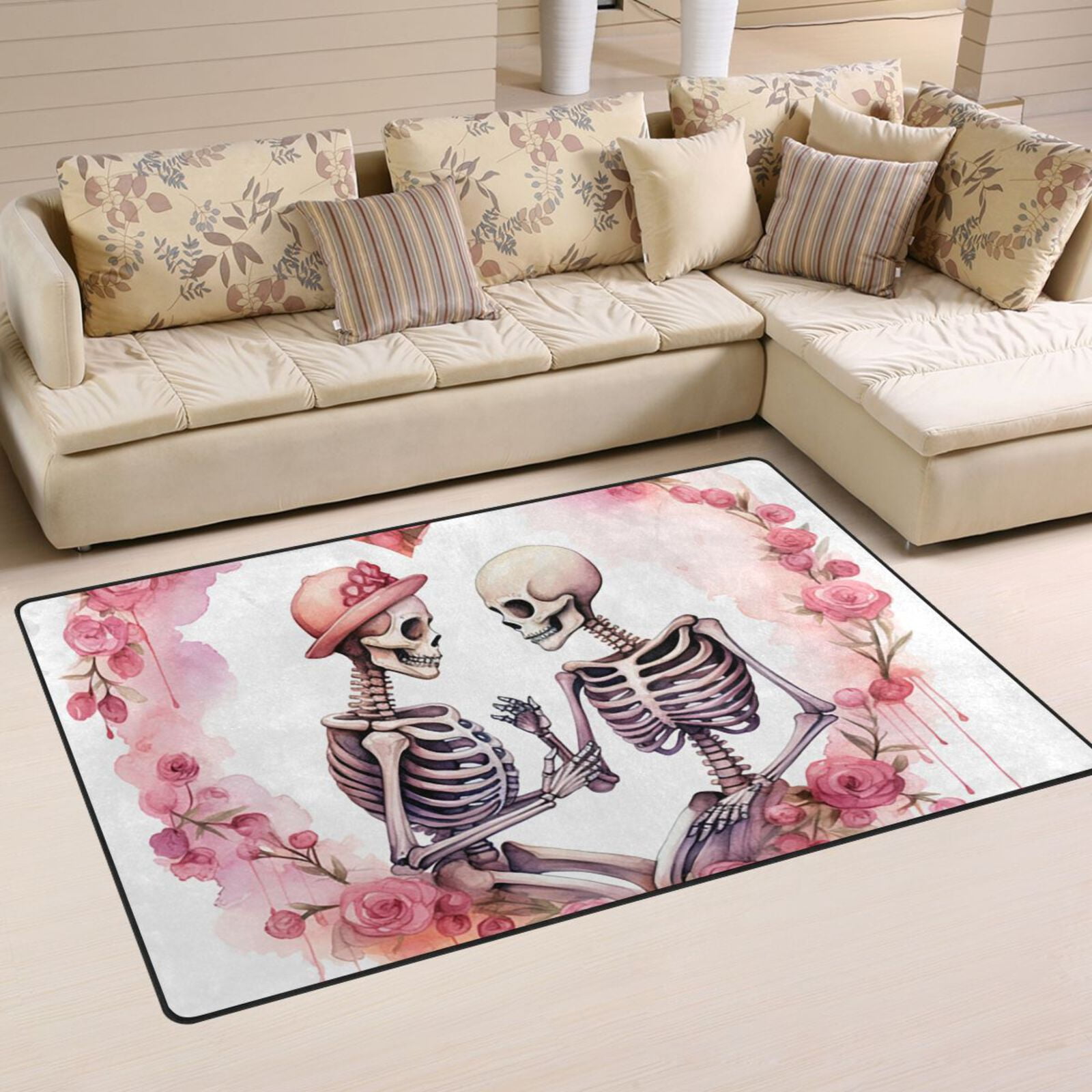 Flowers Roses Heart Human Skeleton Area Rug Washable Floor Carpet Mat ...