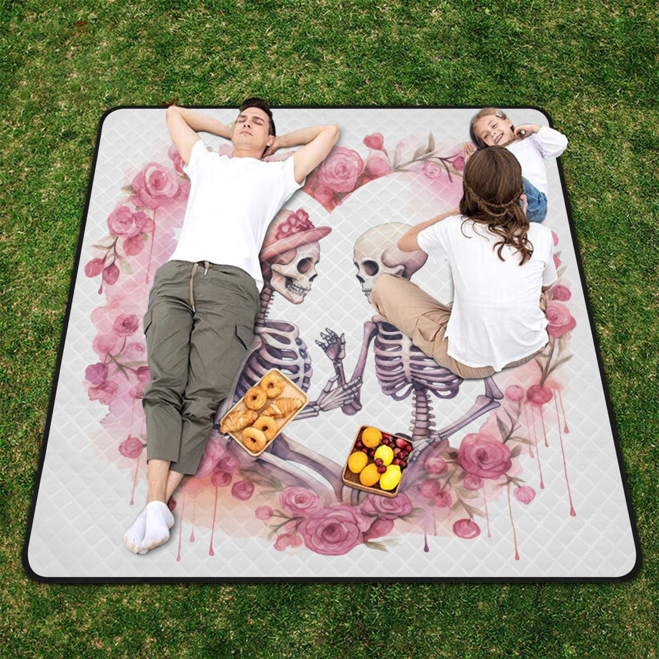 Flowers Roses Heart Human Skeleton Beach Blanket Outdoor Picnic Blanket ...