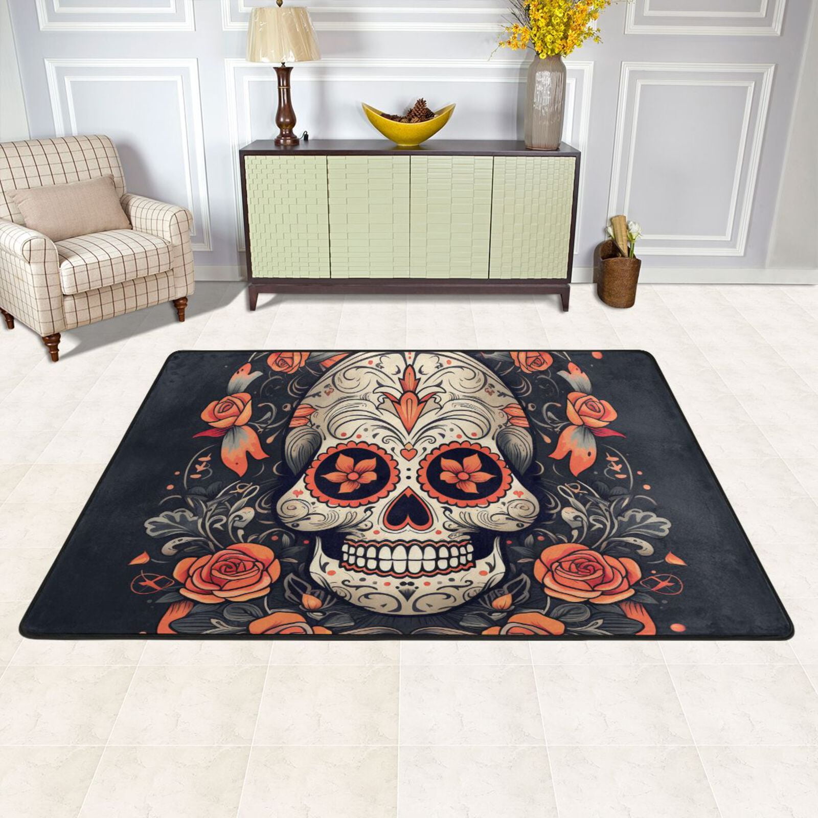 Flowers Roses in Human Skeleton Area Rug Washable 72 x 48 Floor Carpet ...