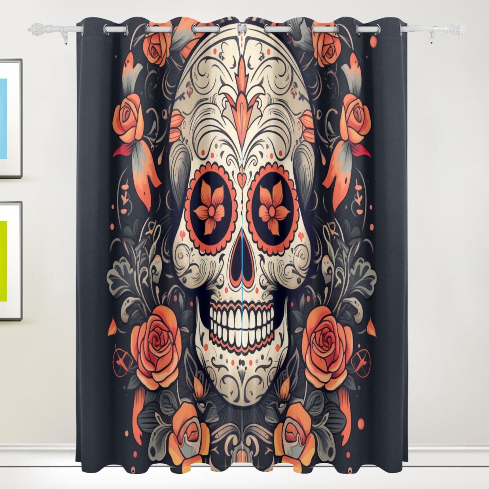 Flowers Roses in Human Skeleton Black Out Curtains 72 Inch Length ...