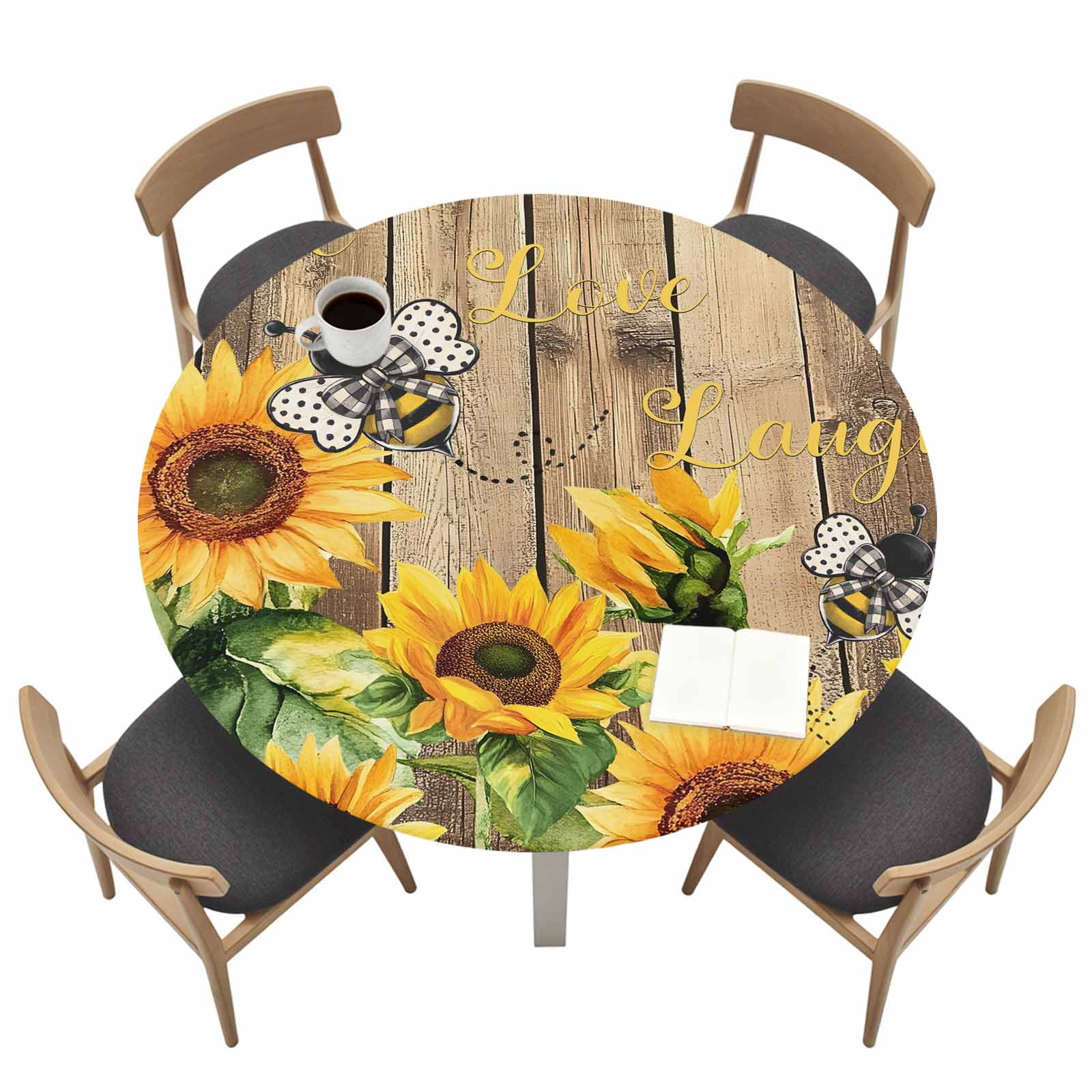 Flowers Round Fitted Tablecloth with Elastic Edge Watercolor Yellow ...