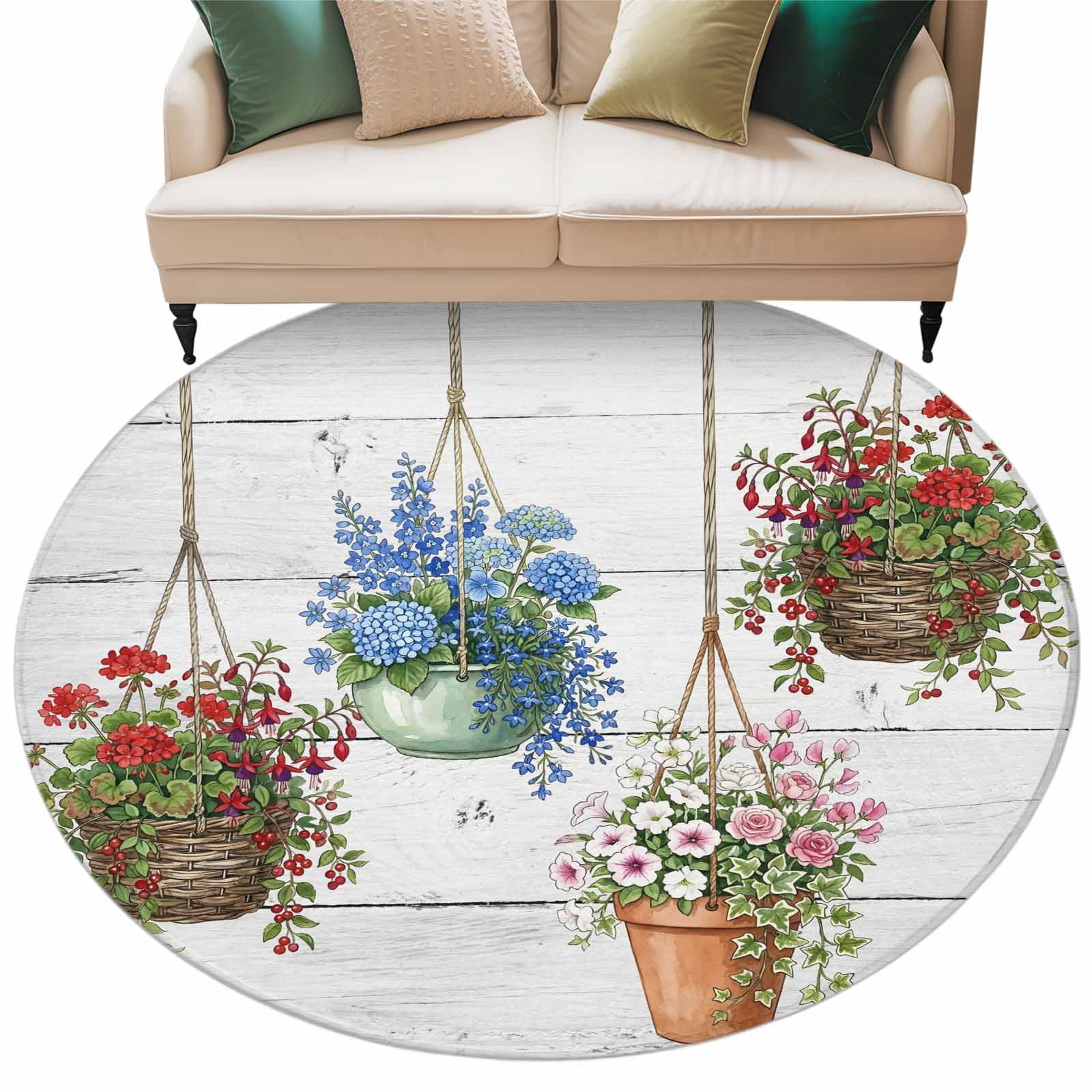 Flowers Round Rug 5Ft Spring Red Blue Pink Floral Flowerpot White Wood ...