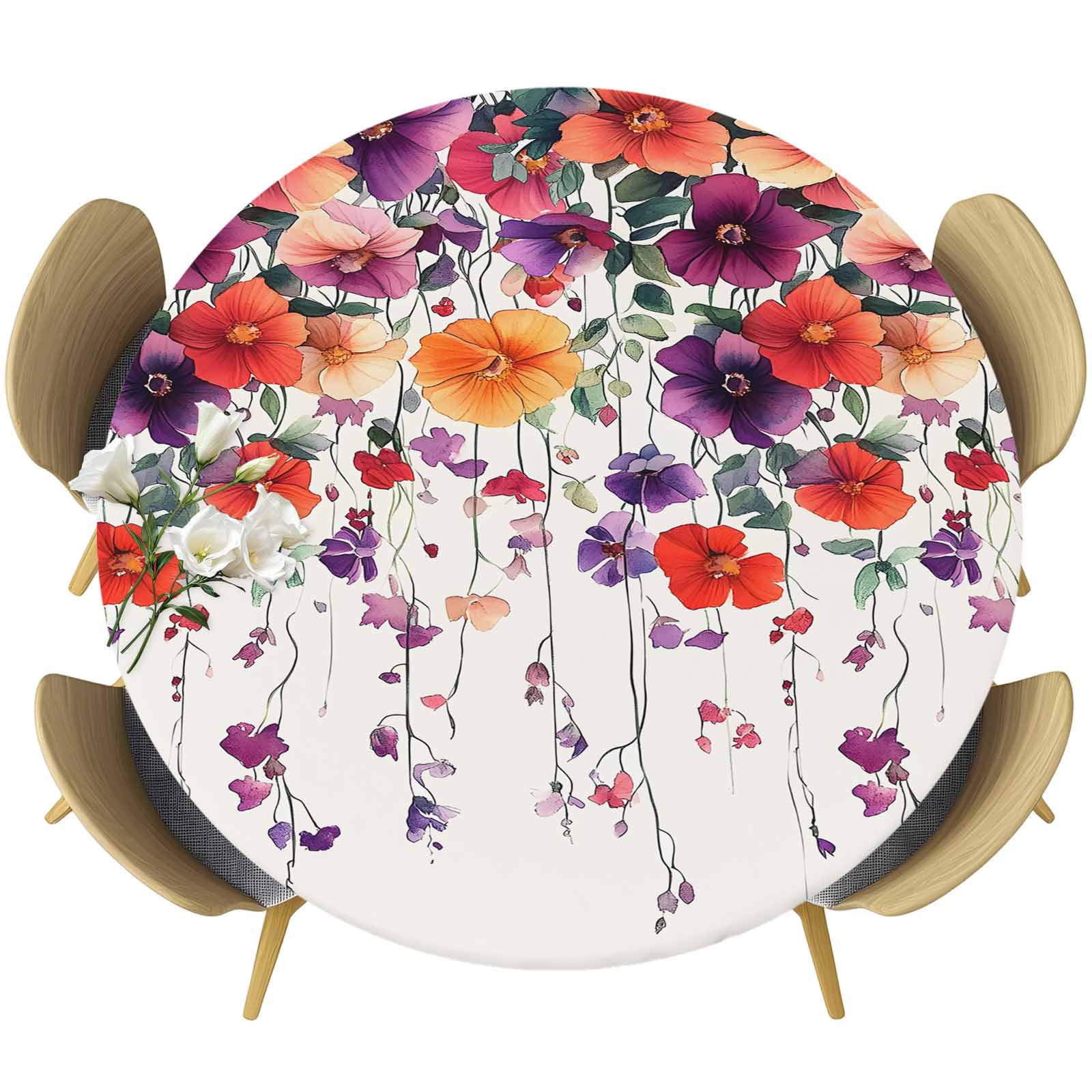 Flowers Round Tablecloth 55-60 Inch Round Fitted Table Cloth with ...