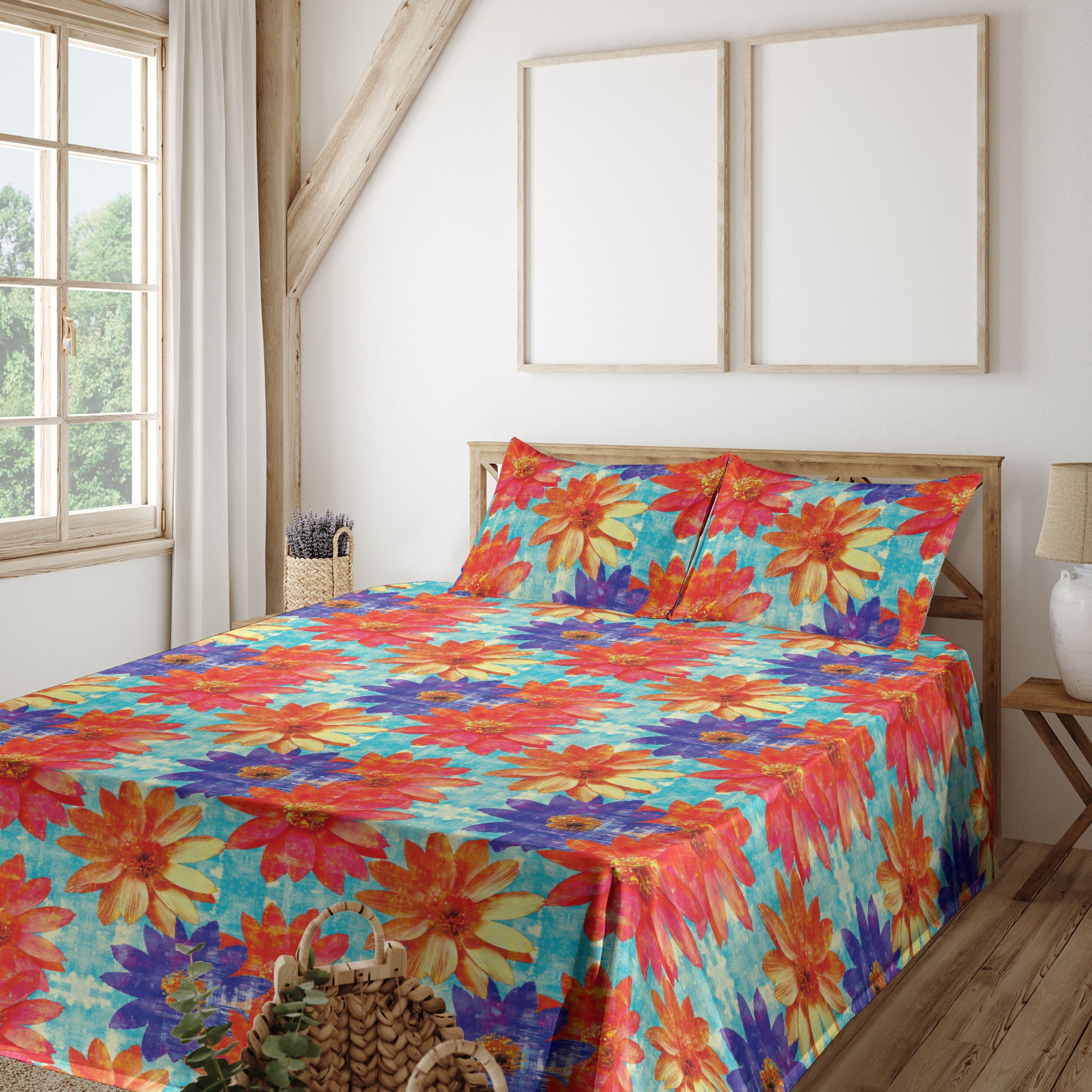 Flowers Sheet Set, Grunge Rustic Effect Vintage Blossoming Summer ...