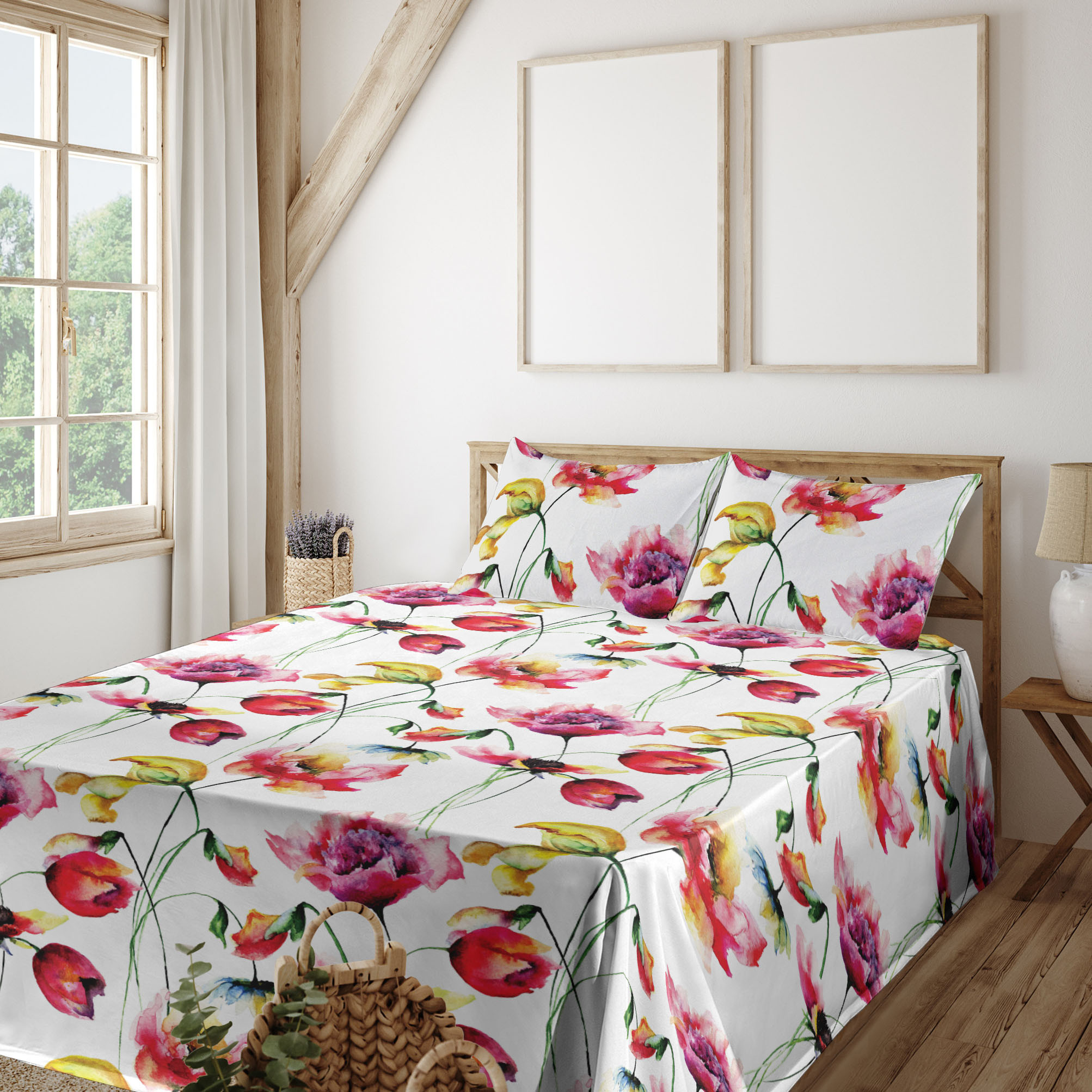 Ambesonne Flowers Fitted & Flat Sheet with Shams 4 Pcs Set, Watercolor ...