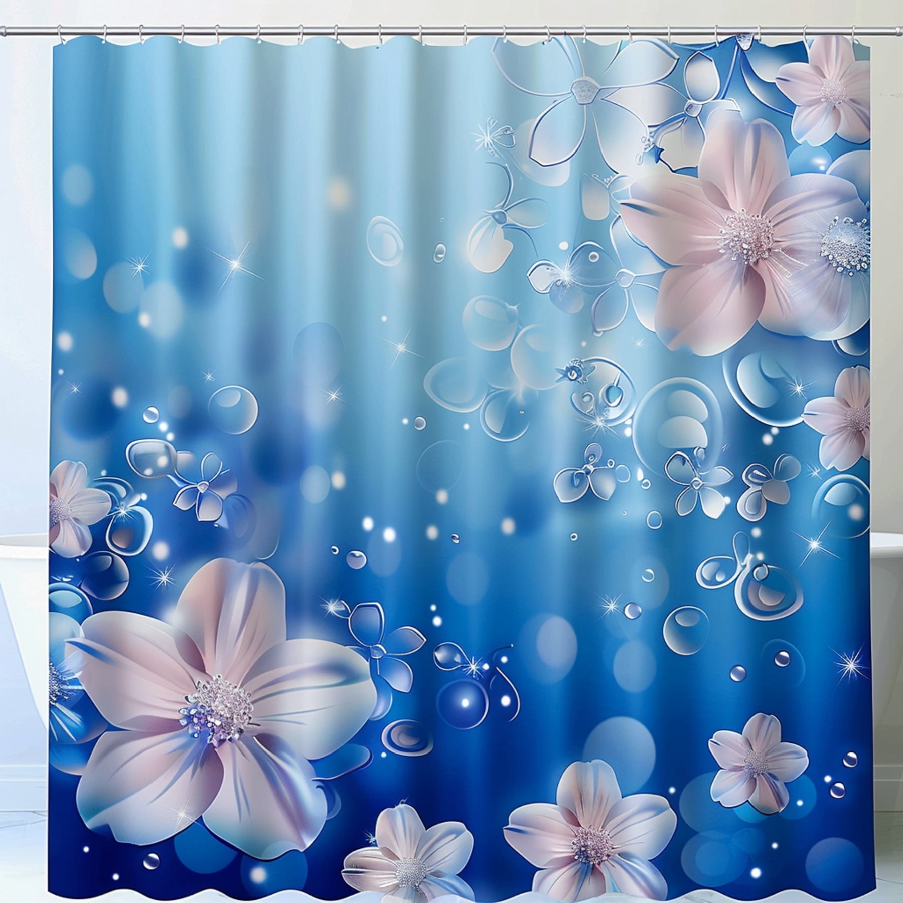 Flowers Shower Curtain With Blue Gradient Background White Stars And