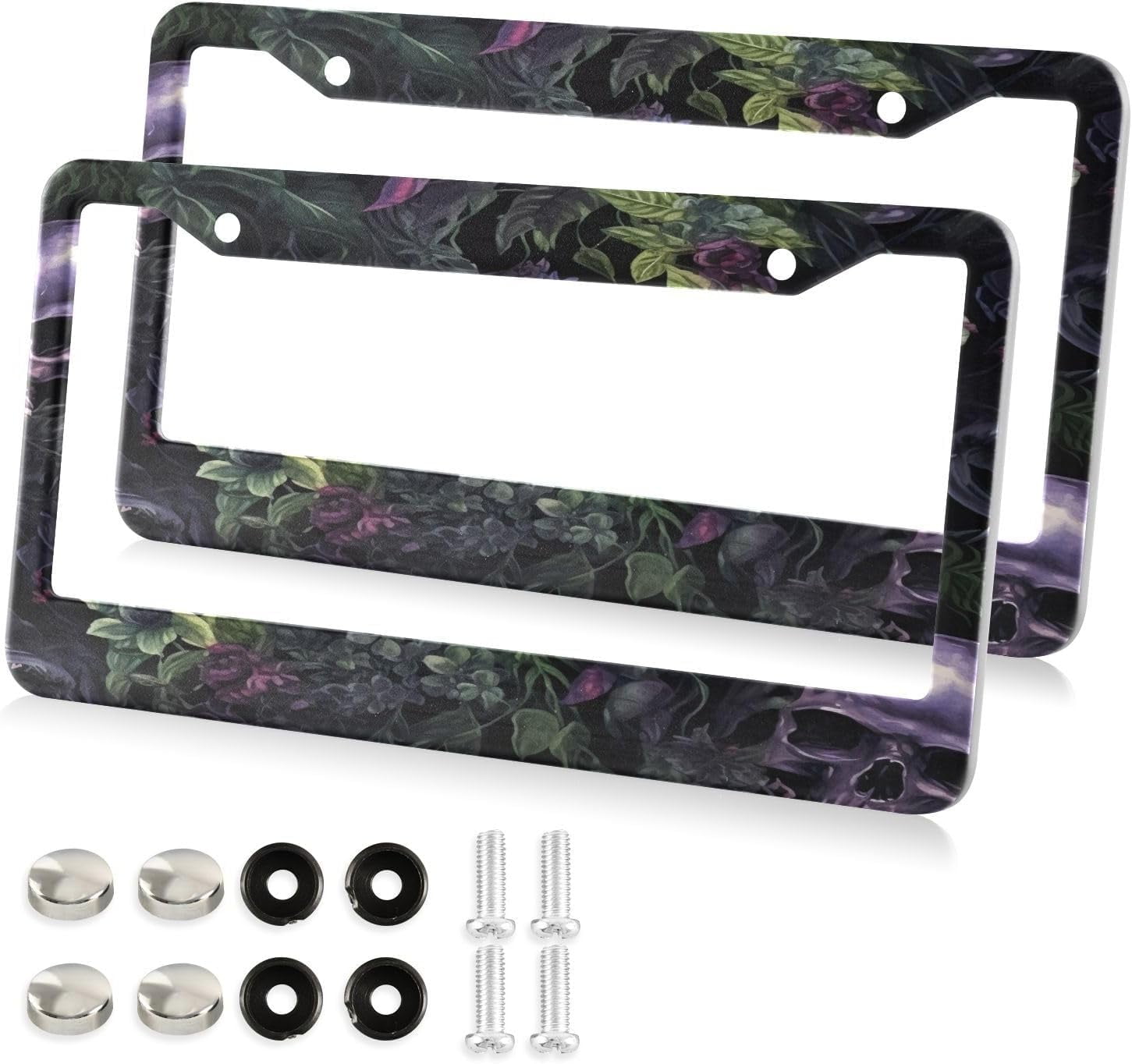 Flowers Skulls License Plate Frame, Aluminum Car Tag Frames, 2 Pack ...