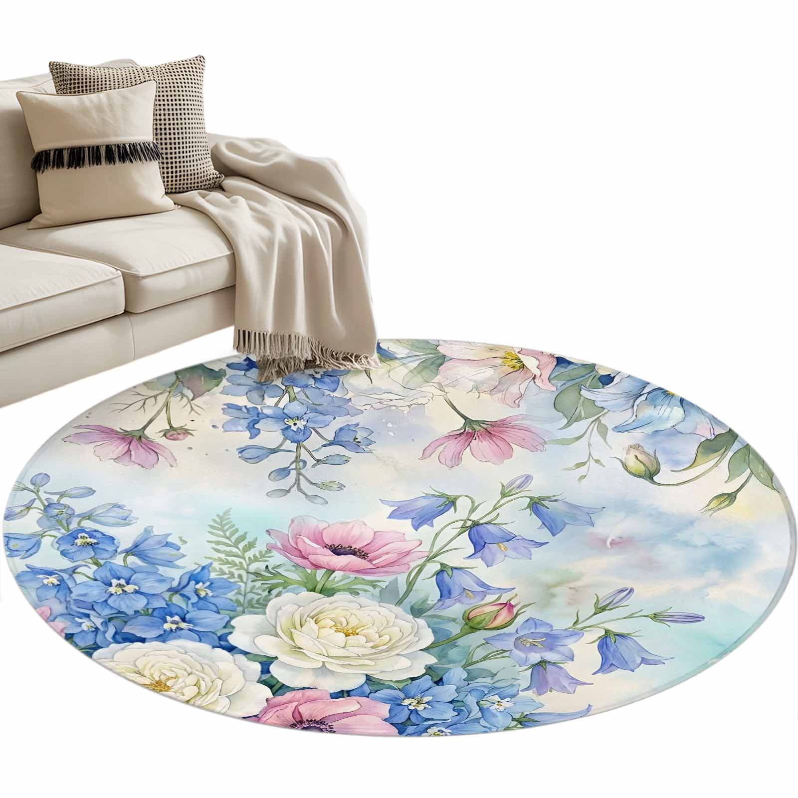 Flowers Small Round Rug 3Ft Spring Watercolor Blue Pink Floral Gradient ...