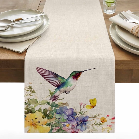 Flowers Spring Cotton Linen Table Runner Bird Butterfly Dining Table ...