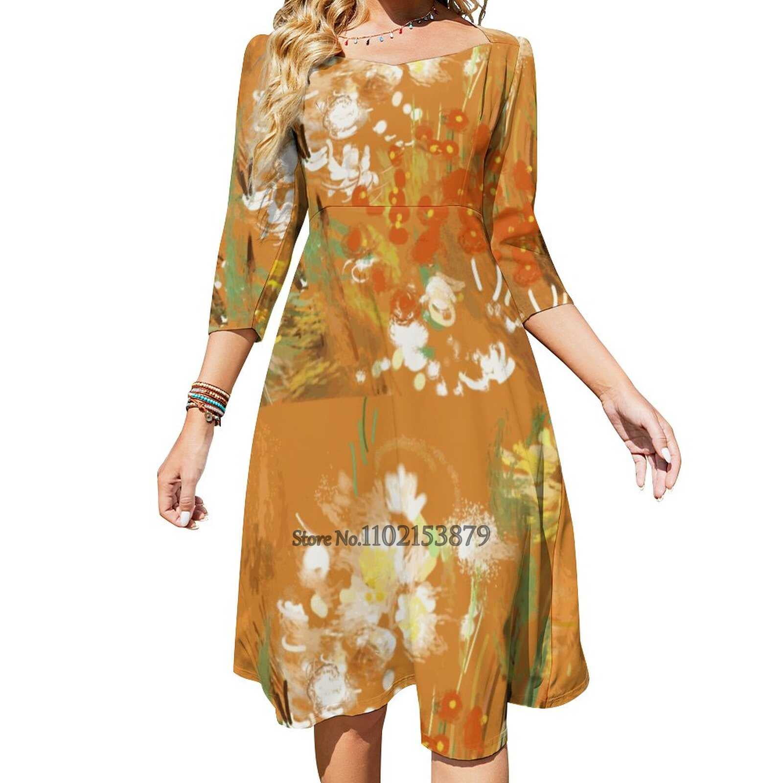 Flowers Square Neck Dress Back Lacing Backless Dress Elegant Beach ...