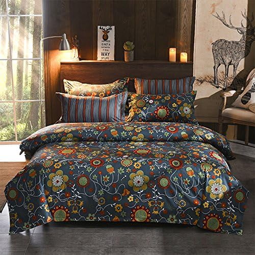 Flowers Stripes Duvet Cover Set Modern Garden Design Bedding Sets with ...