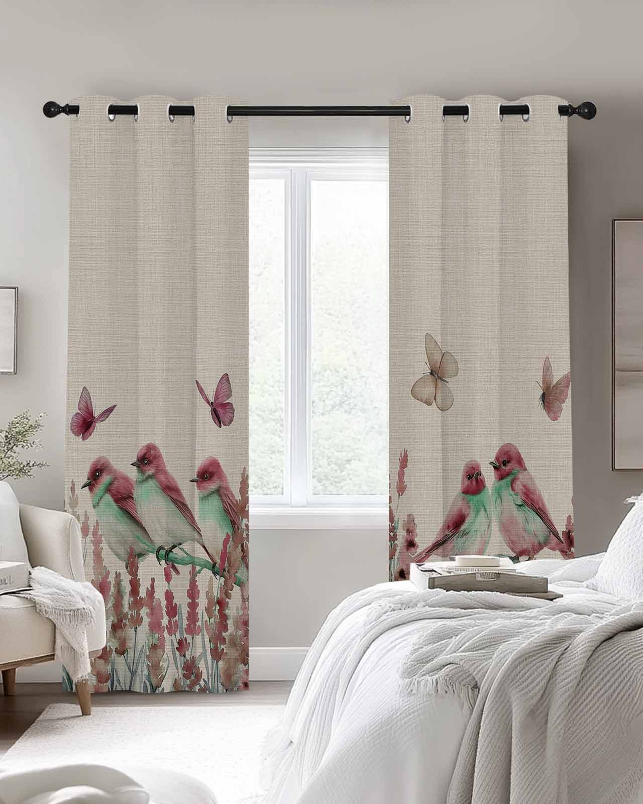 Flowers Summer Blackout Curtains 2 Panels Watercolor Red Bird Lavender ...