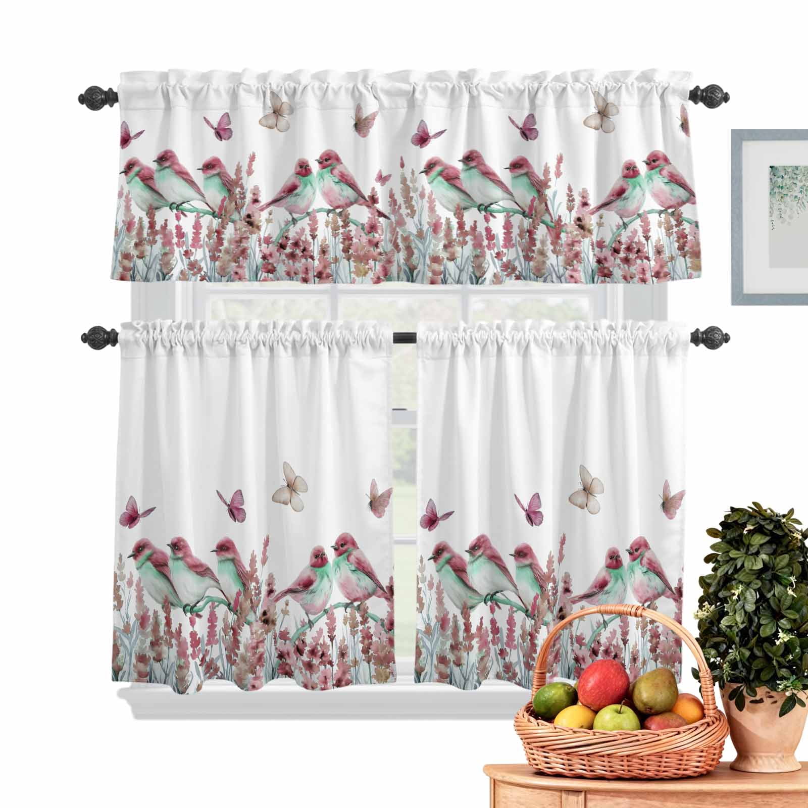 Flowers Summer Kitchen Curtains Valances 3 Piece Set, Watercolor Red ...