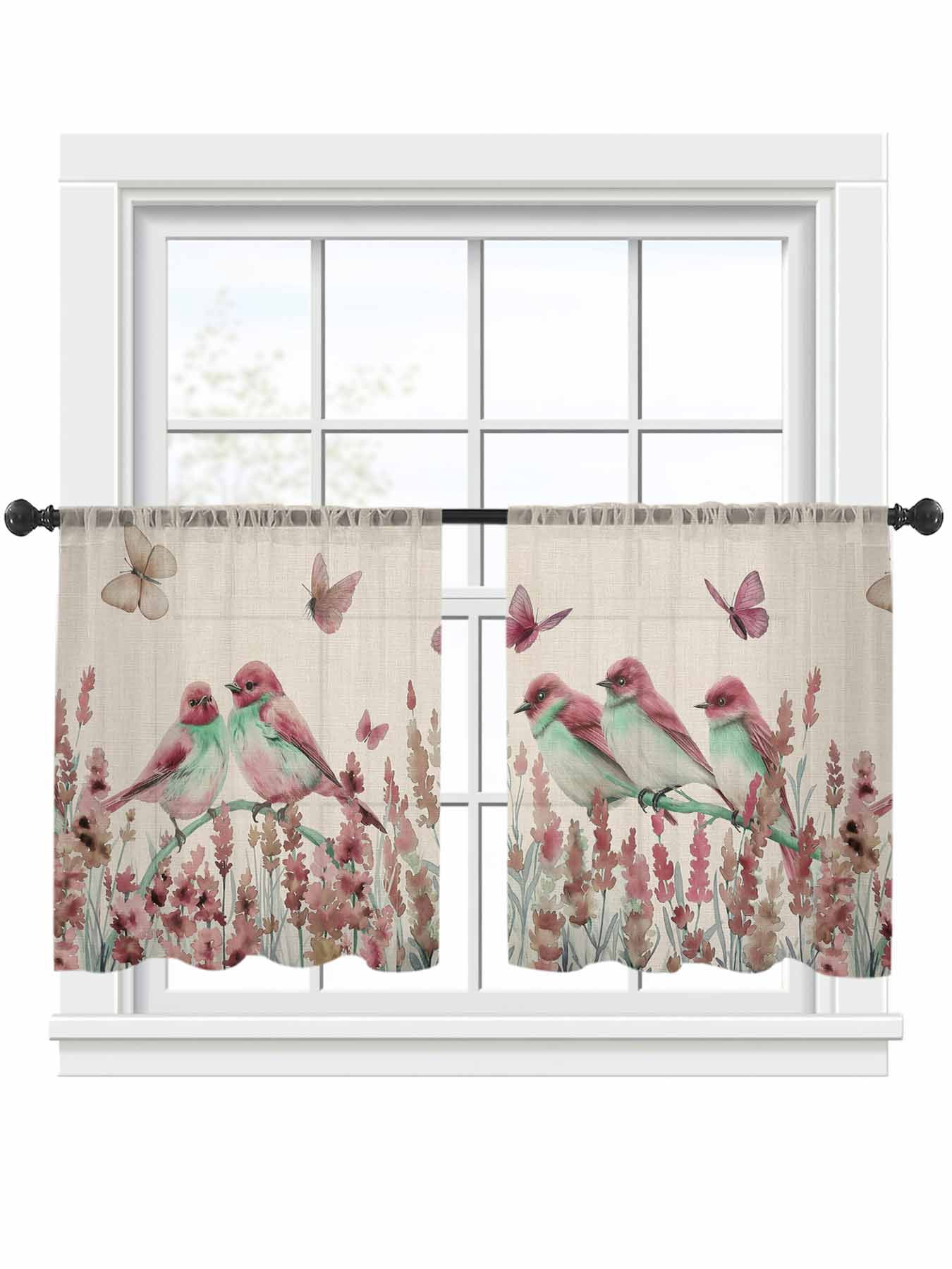 Flowers Summer Sheer Curtains 2 Panels Set Watercolor Red Bird Lavender ...
