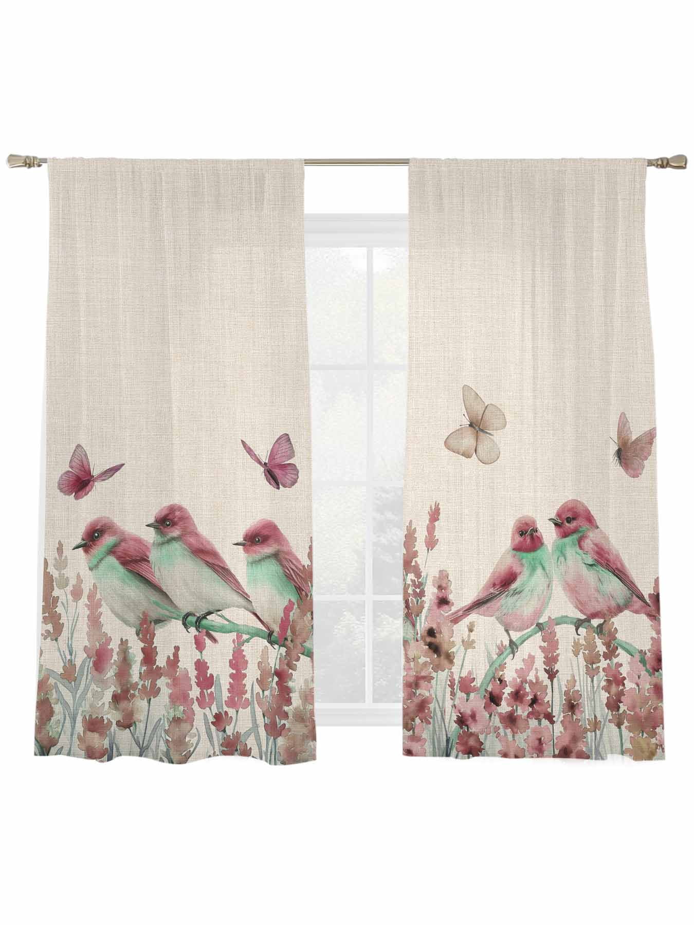 Flowers Summer Sheer Curtains 2 Panels Set Watercolor Red Bird Lavender ...