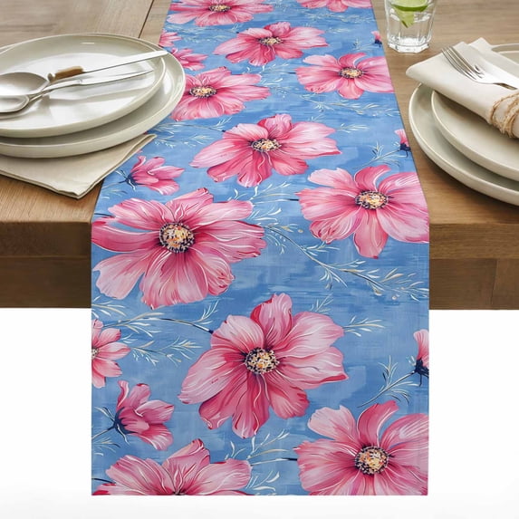 Flowers Table Runner 13x72 inch Pink Blue Cotton Linen Dining Table ...