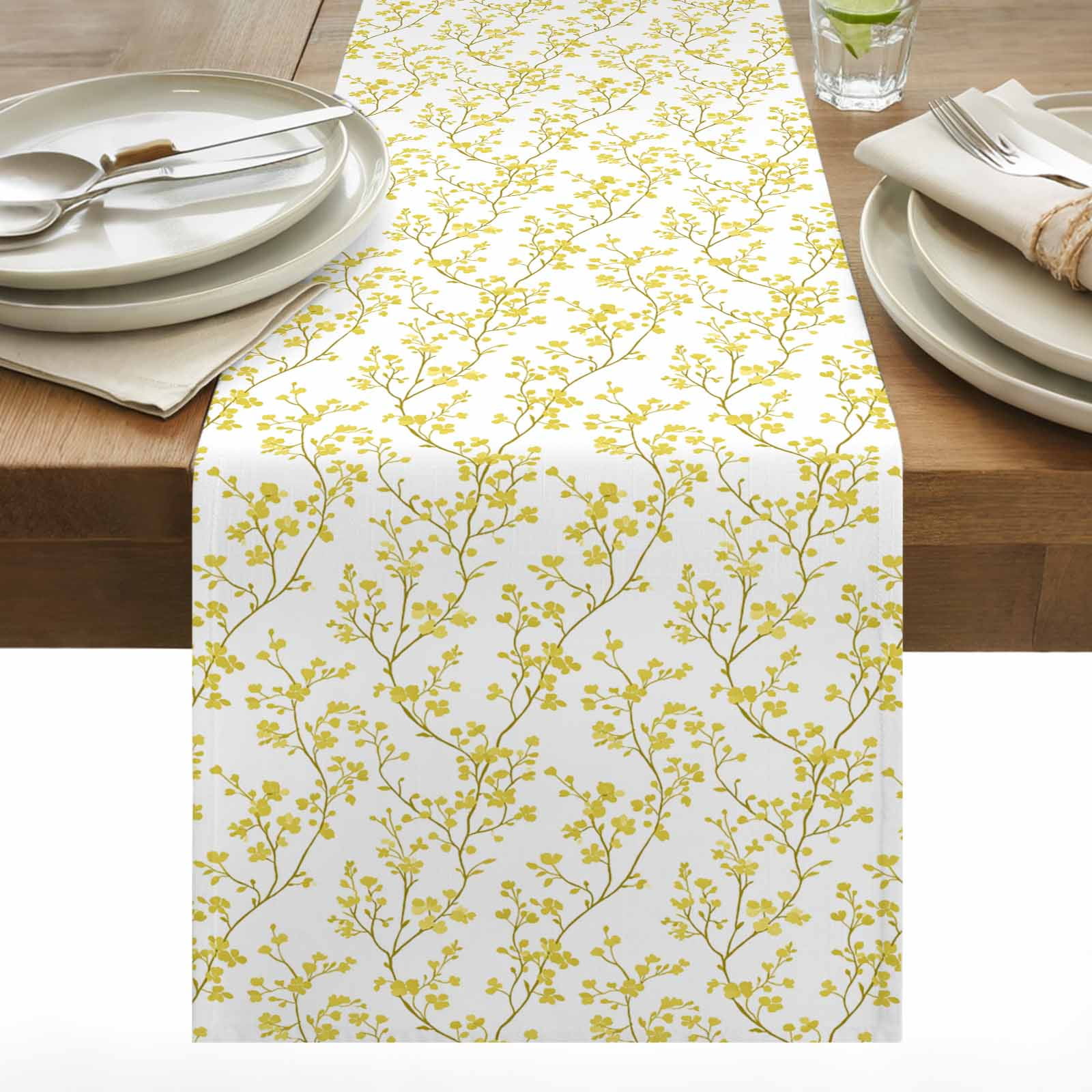 Flowers Table Runner 13x90 inch Branches Cotton Linen Dining Table ...