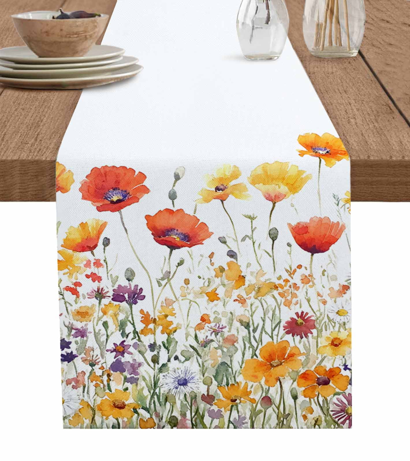 Flowers Table Runner 60 Inches, Vintage Orange Yellow Wildflower Garden ...