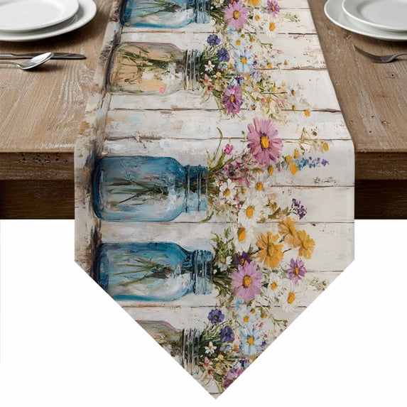 Flowers Table Runner Linen Burlap Table Runner 72 Inches Long Daisies ...