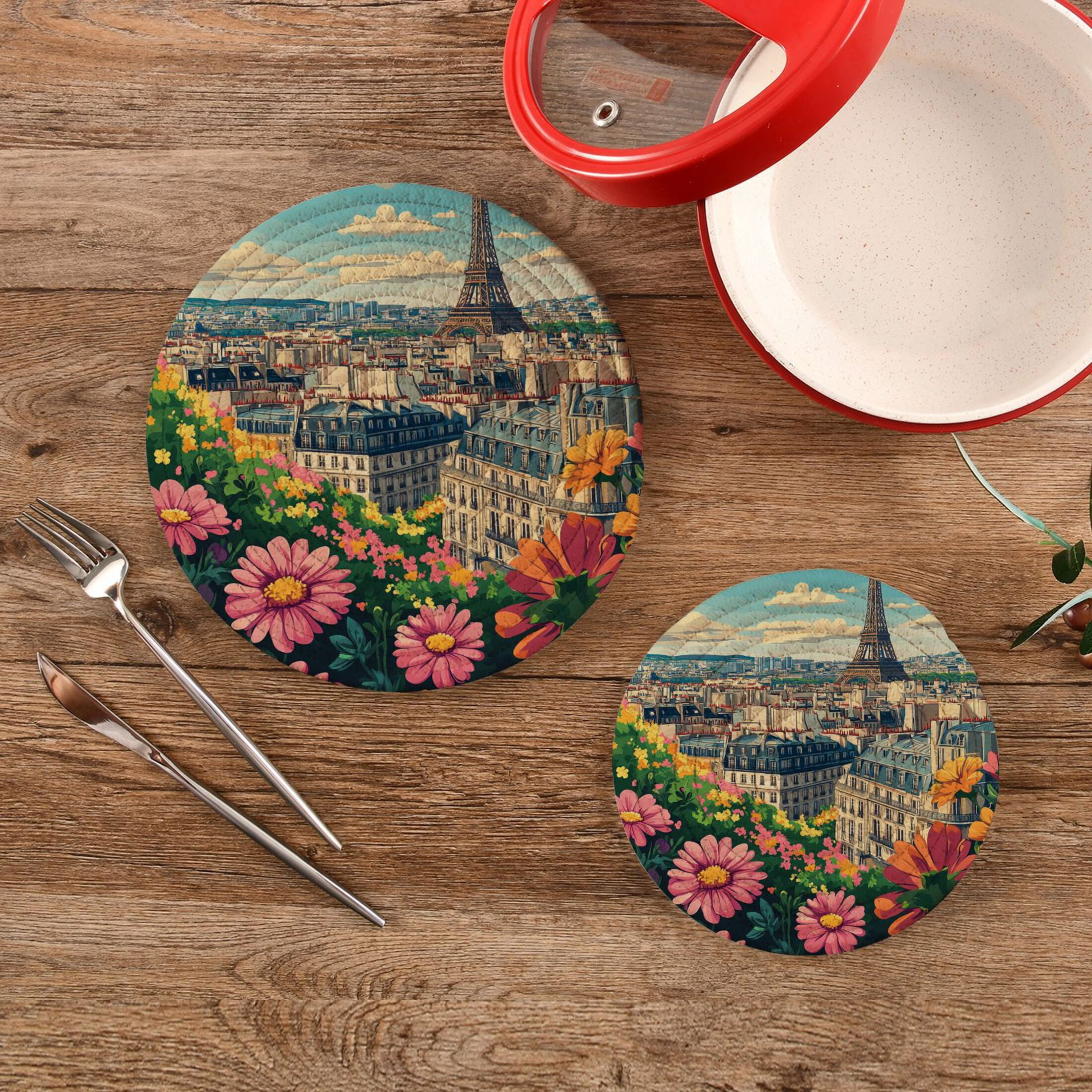 Flowers Tower Clouds Trivet Mats Set Cotton Woven Non-Slip Pot Holders ...