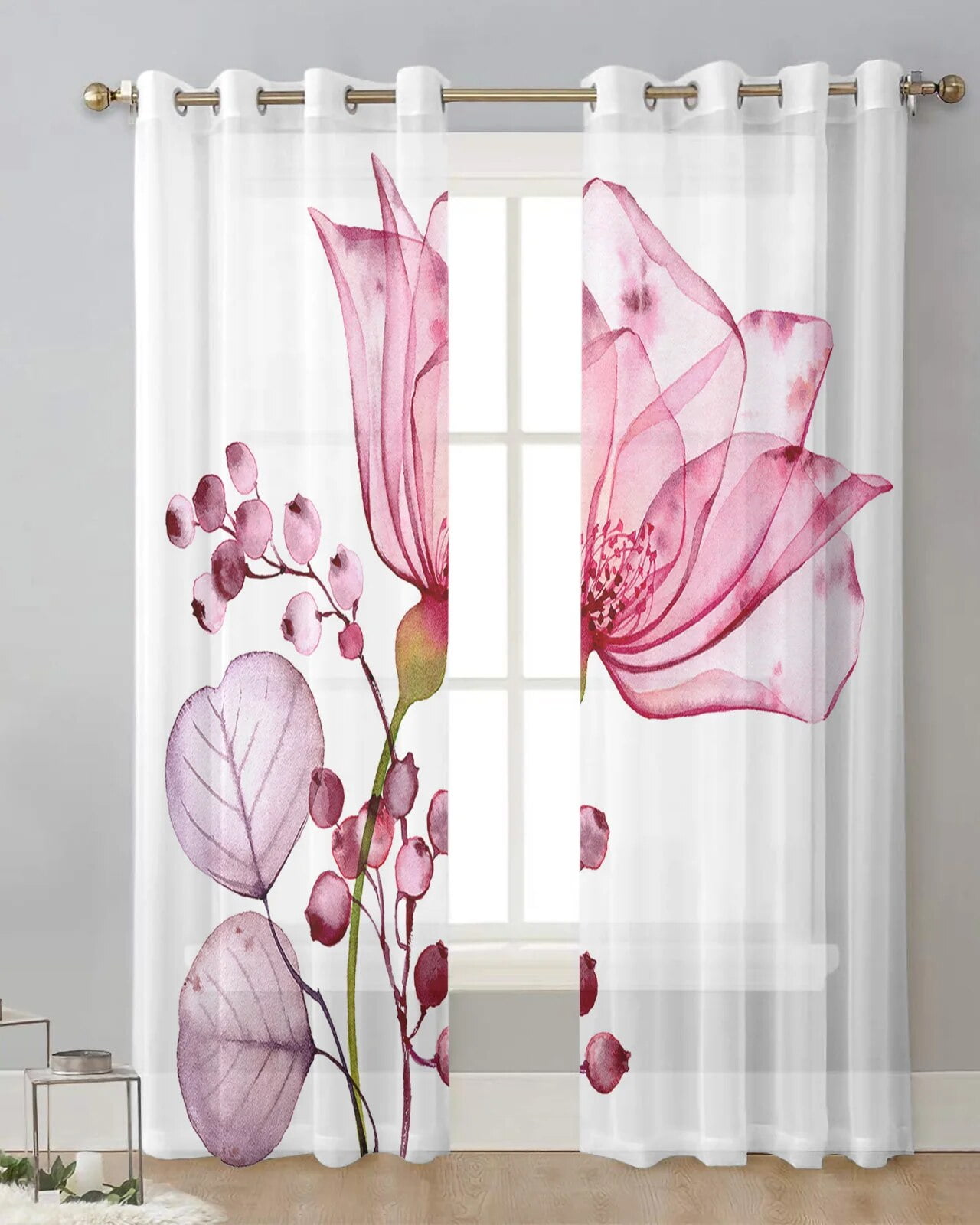 Flowers Transparent Pink Bedroom Sheer Window Curtains Living Room ...