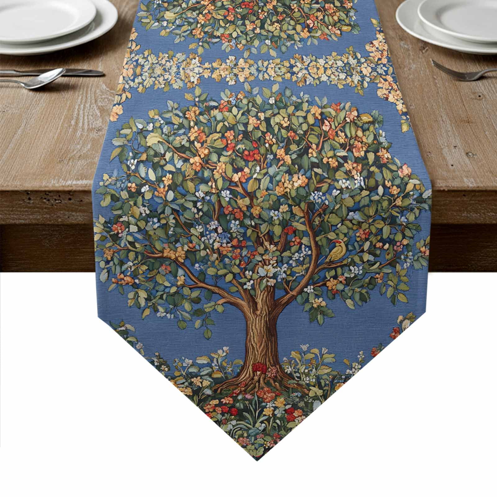 Flowers Trees Table Runner Linen Burlap Table Runner 90 Inches Long ...
