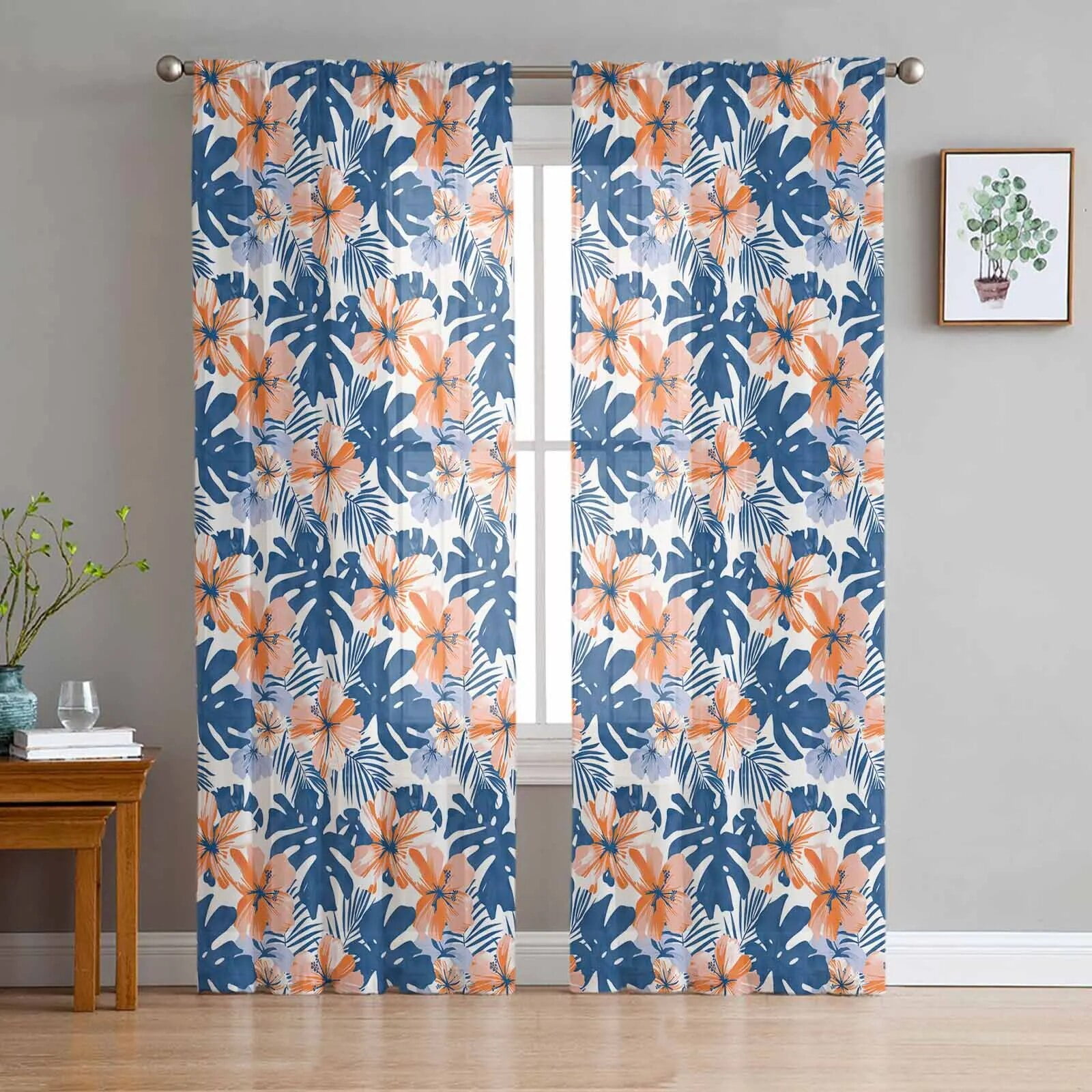 Flowers Tropical Leaves Plants Tulle Curtain for Living Room Bedroom ...