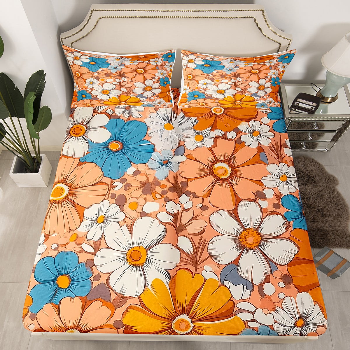 Flowers Twin Bed Sheets,Bohemian Floral Fitted Sheet Yellow Boho Decor ...