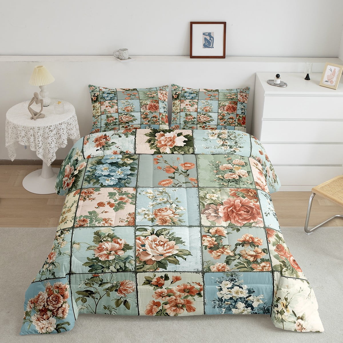 Flowers Twin Comforter Set, Retro Florals Botanical Bed Set Lady ...