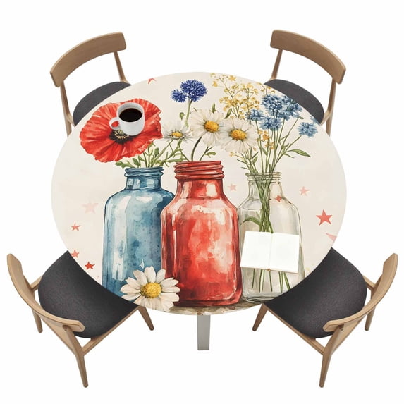 Flowers in Vase Round Fitted Tablecloth with Elastic Edge Vintage ...