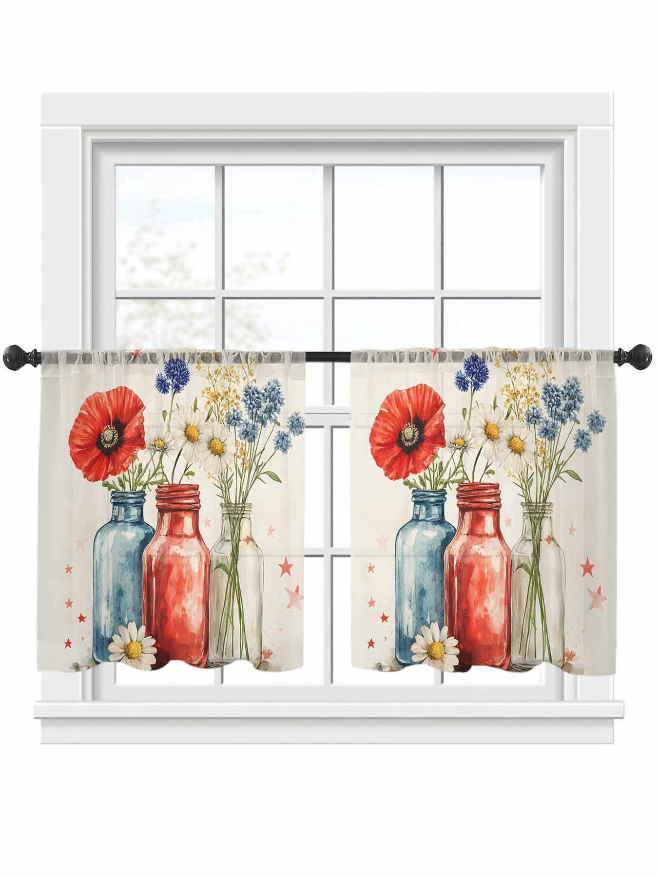Flowers in Vase Sheer Curtains 2 Panels Set Vintage Spring Red Blue ...