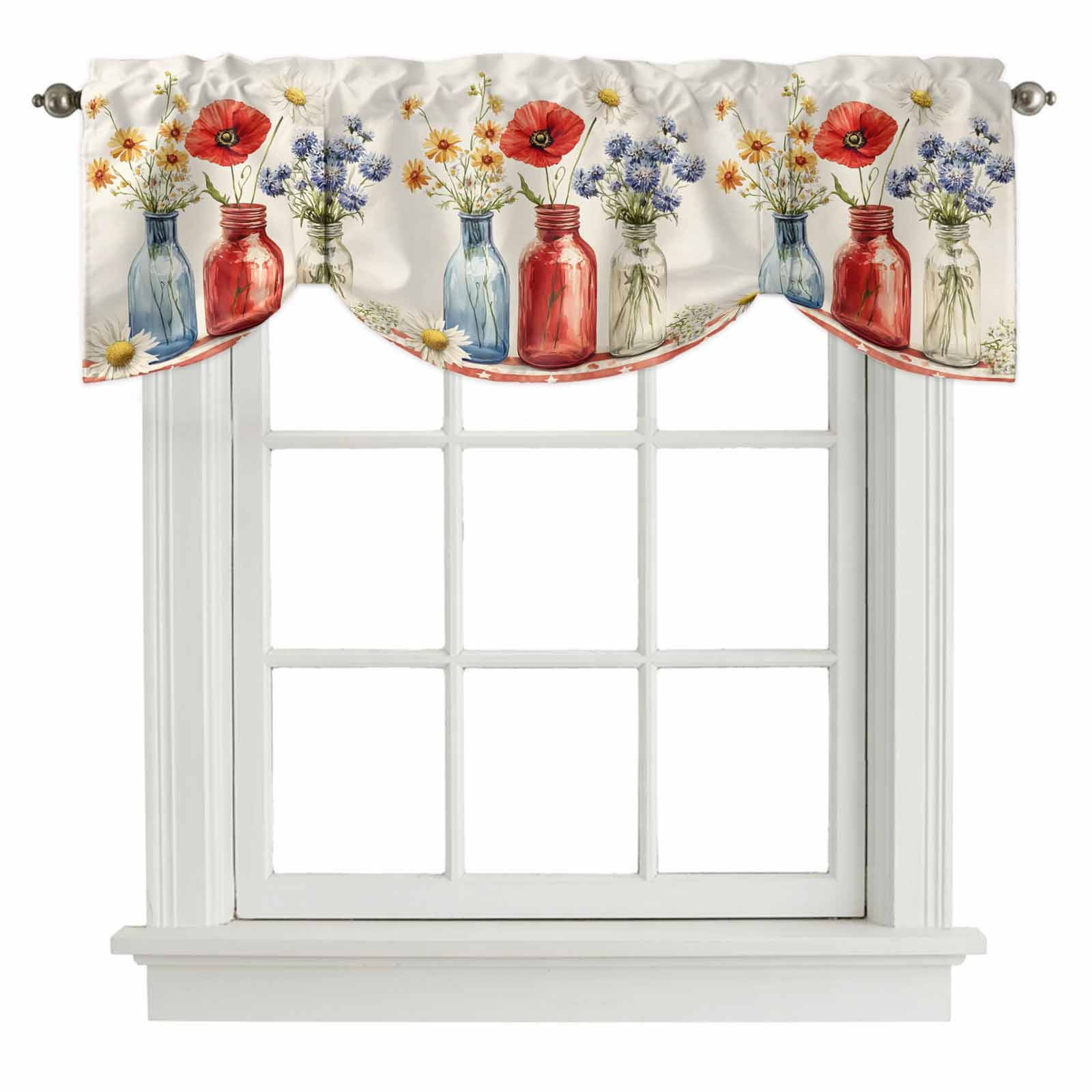 Flowers in Vase Tie Up Valance for Windows, Spring Red Blue Floral ...