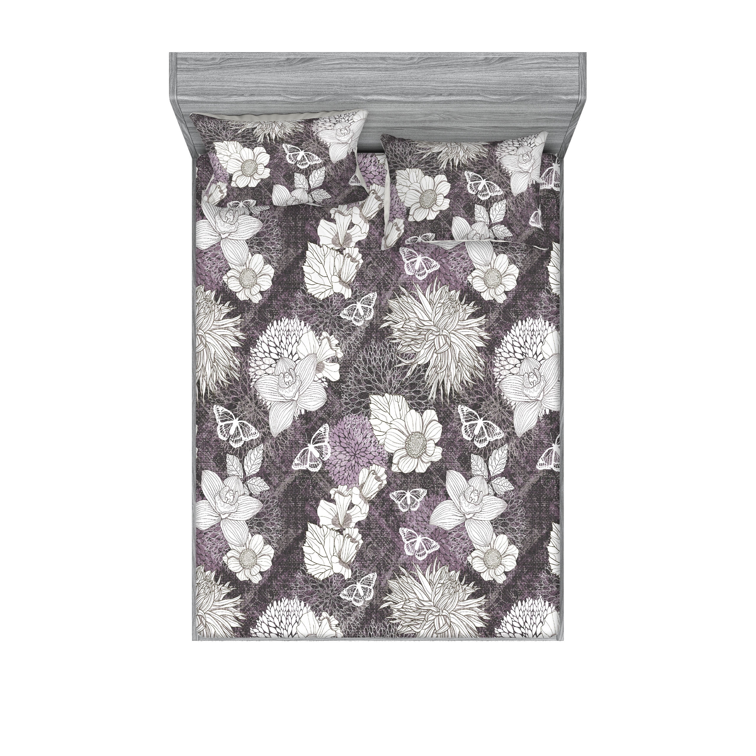 Flowers Vintage Fitted Sheet & Pillow Sham Set, Outline Drawing Floral ...