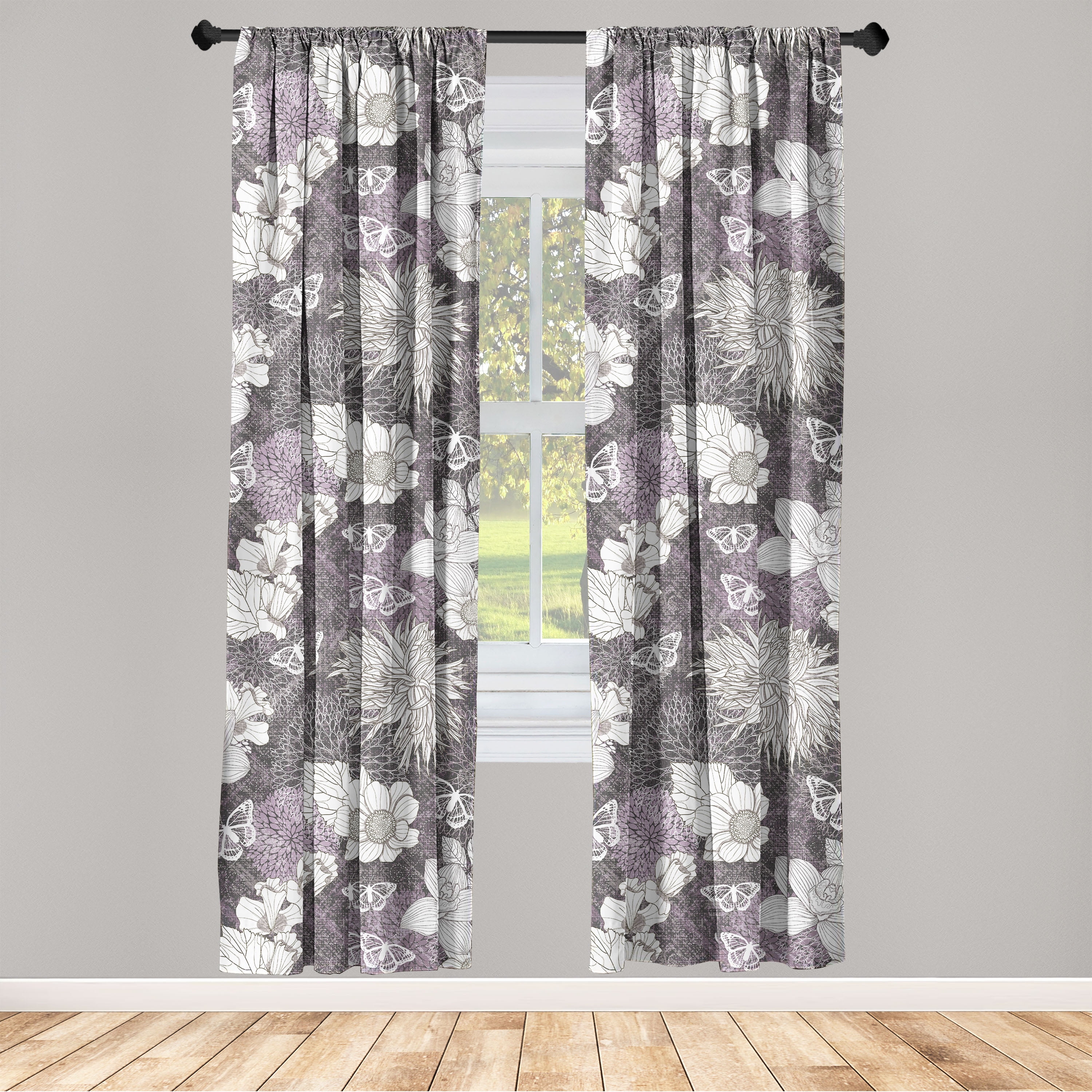 Flowers Vintage Window Curtains, Outline Drawing Floral Pattern with ...