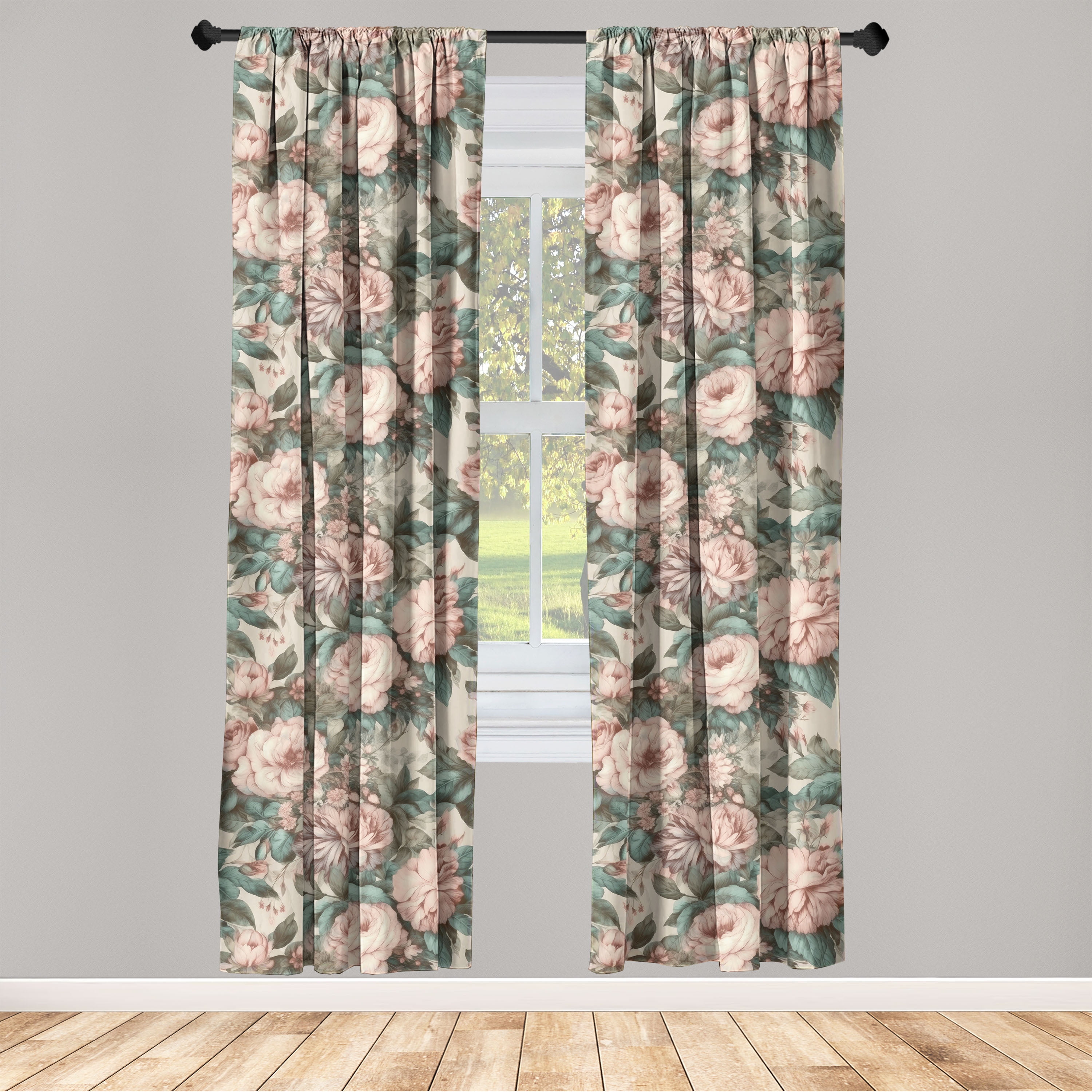 Flowers Vintage Window Curtains, Soft Colors Romantic Floral Boho Pattern with Leafy Ornaments ...