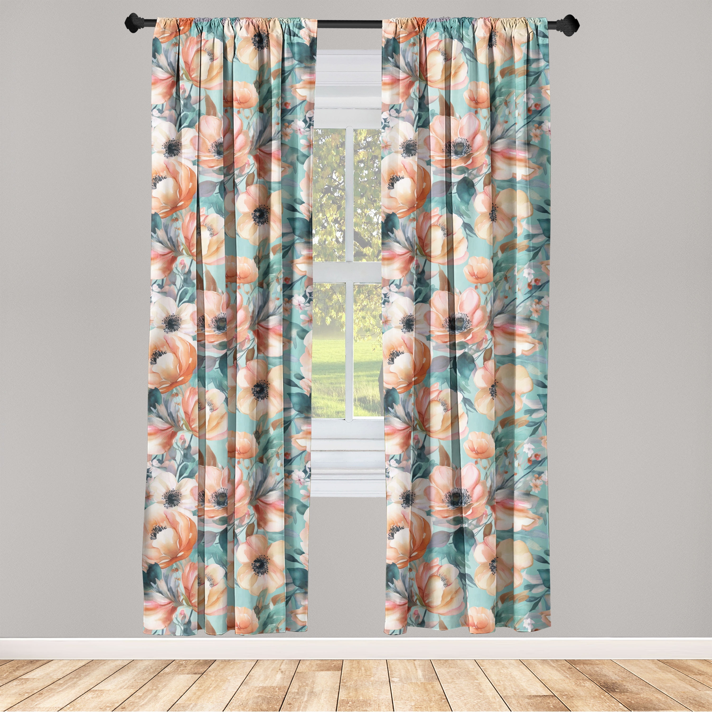 Flowers Vintage Window Curtains, Spring Colors Watercolor Design Floral Boho with Leafy Pattern ...
