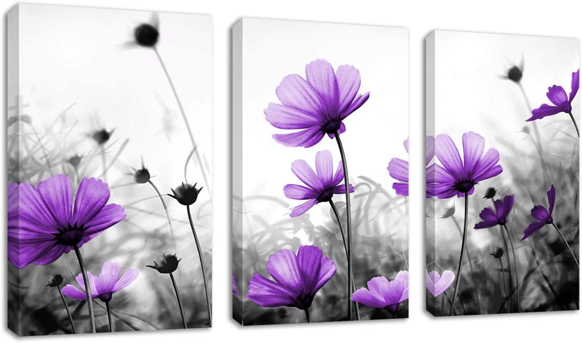 Flowers Wall Art Canvas Pictures Purple Wildflowers Black and White ...