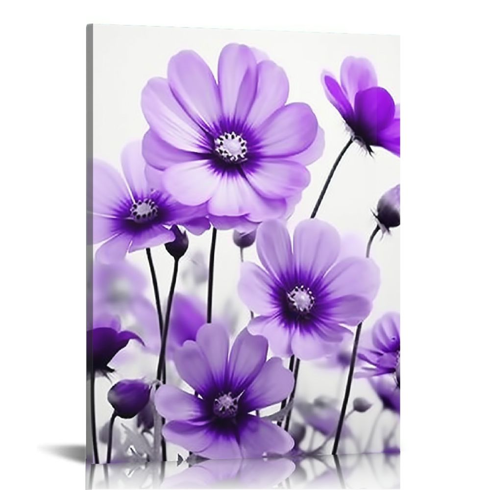 Flowers Wall Art Canvas Pictures Purple Wildflowers Black and White ...