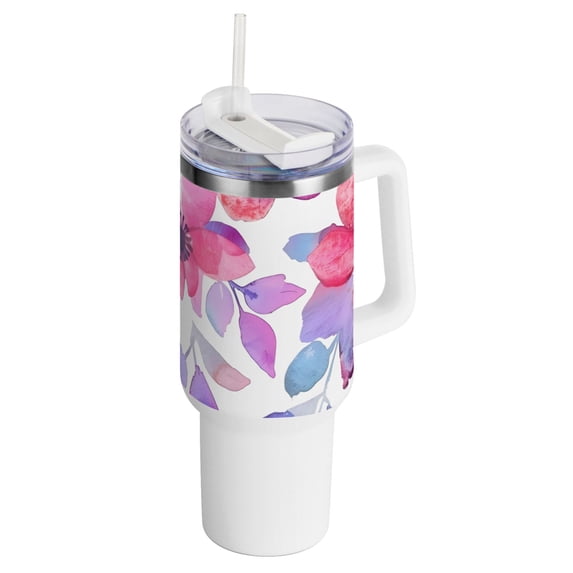 Flowers Watercolor 40 oz Tumbler with Handle Insulated Travel Mug Lid ...