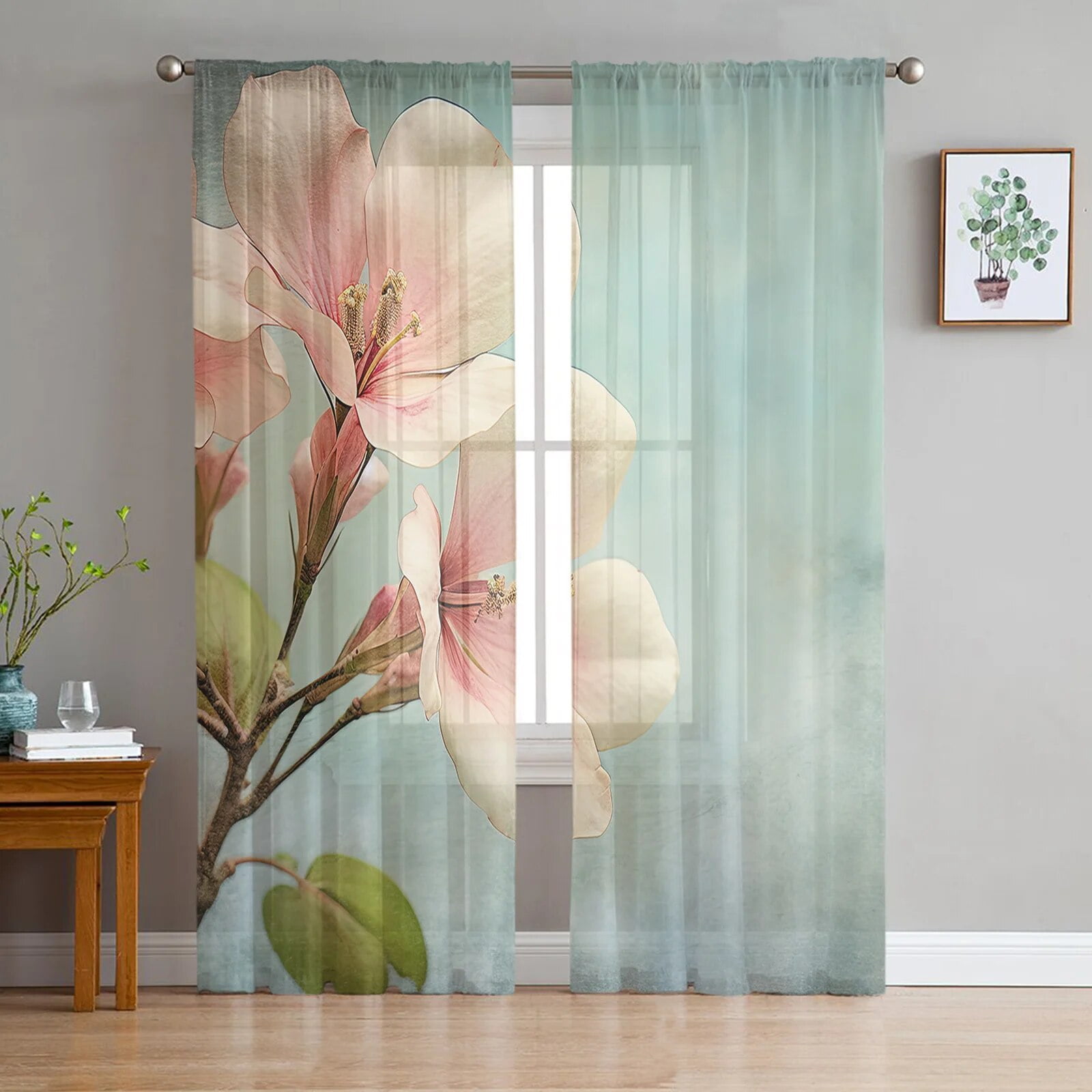 Flowers Watercolor Leaves Tulle Curtains for Living Room Sheer Curtain ...