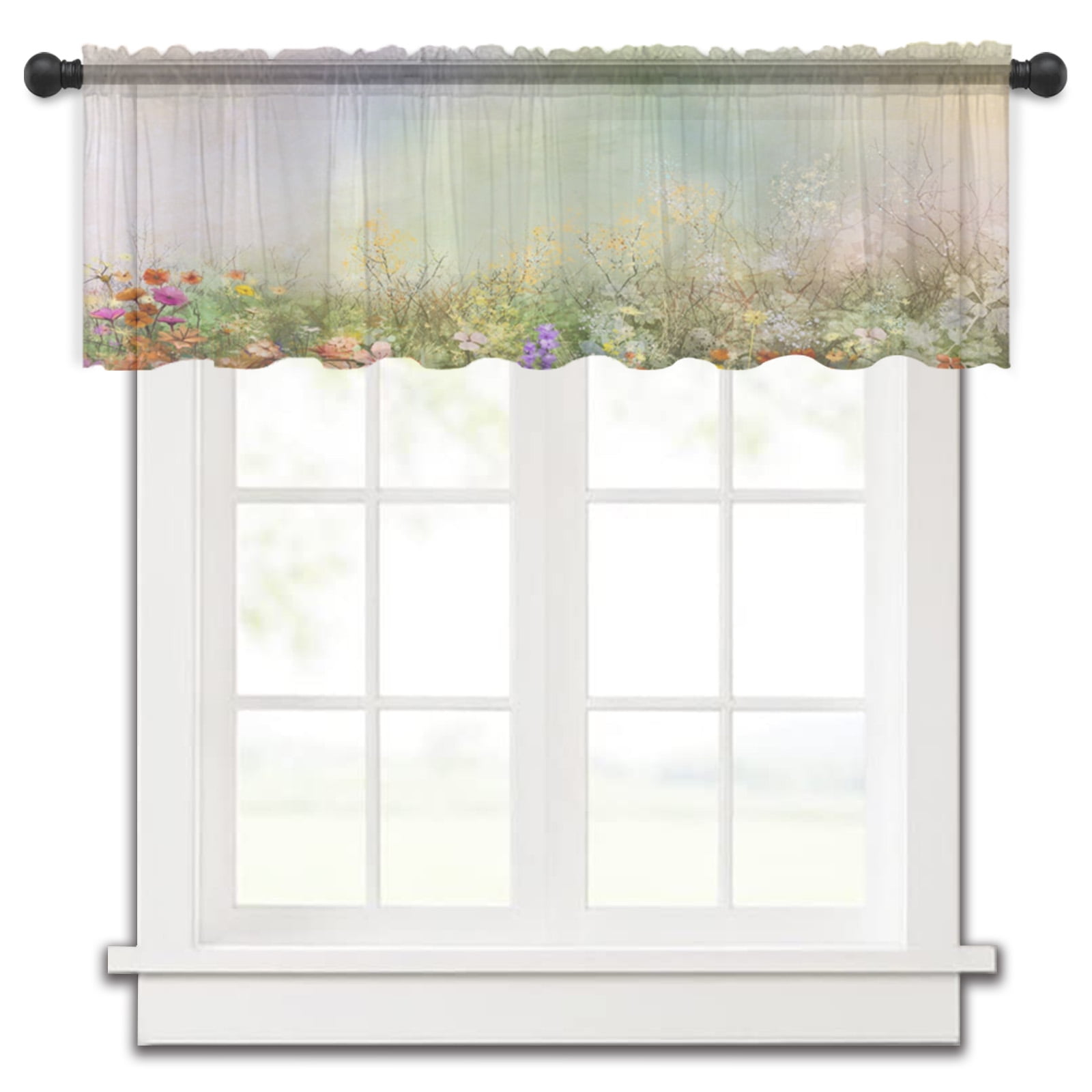 Flowers Watercolor Tulle Kitchen Small Window Curtain Valance Sheer ...