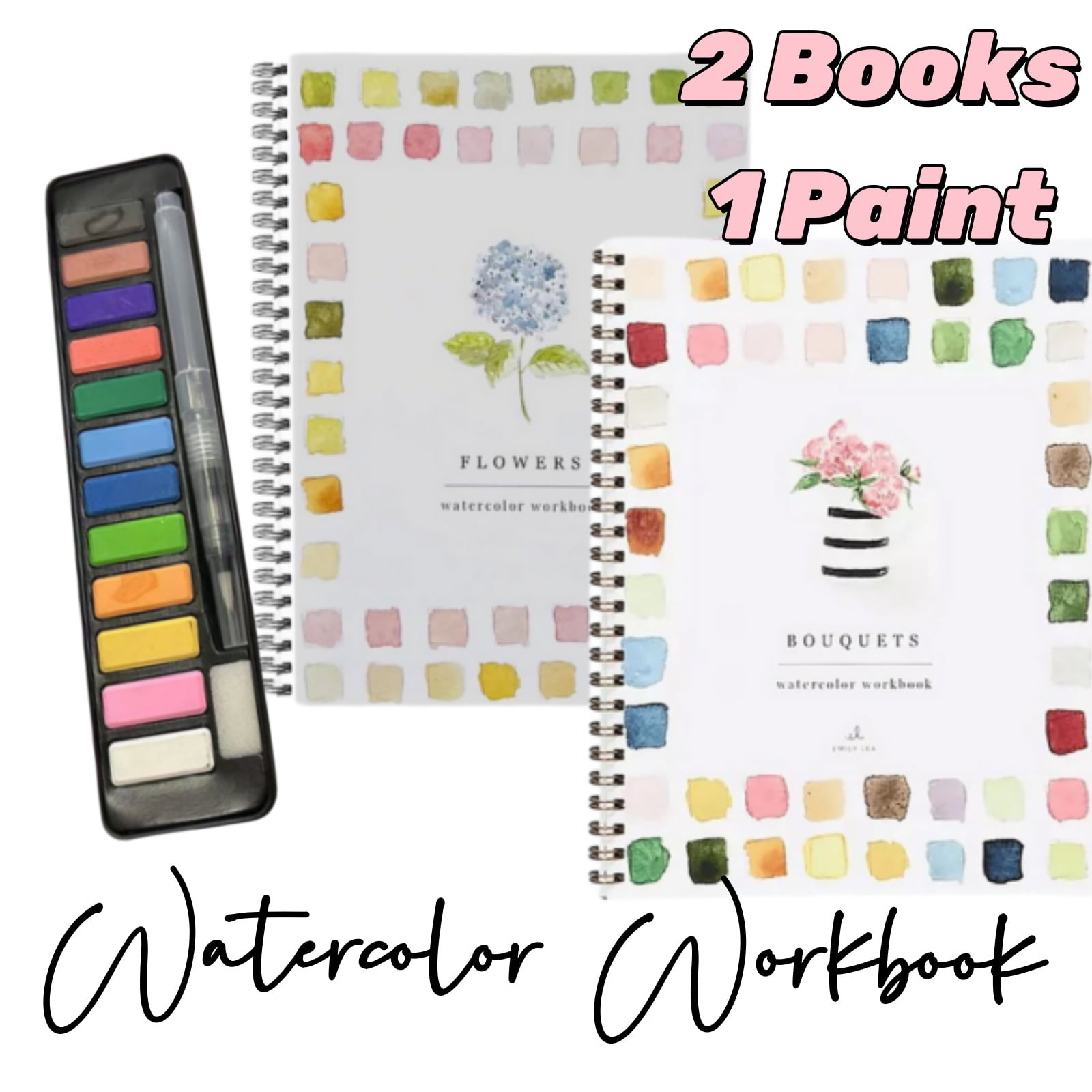 Flowers Watercolor Workbook, Lex Studio 12 Colors Watercolor Paint Set, Brushes, Beginner ...