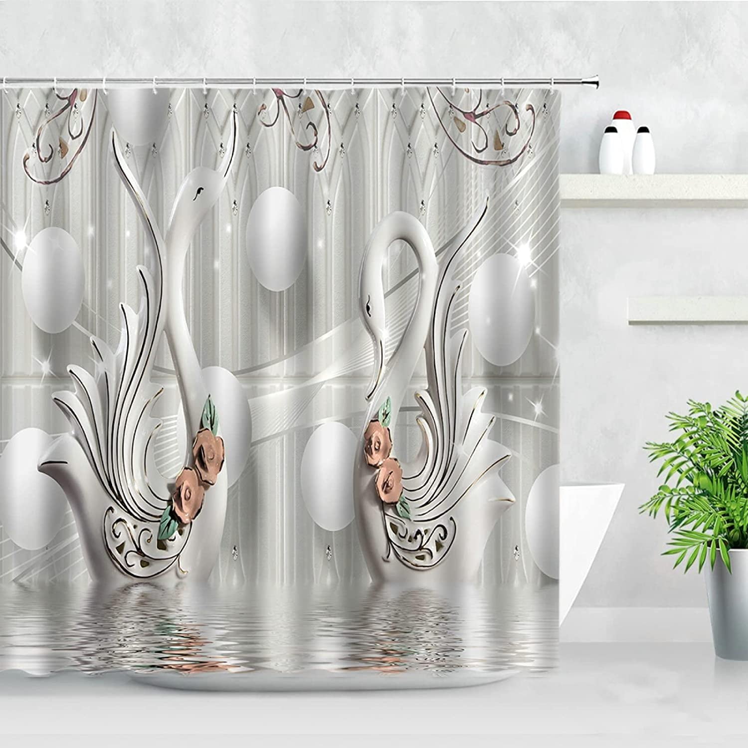 Flowers White Swan Shower Curtain Birds Wildlife Shower Curtain ...