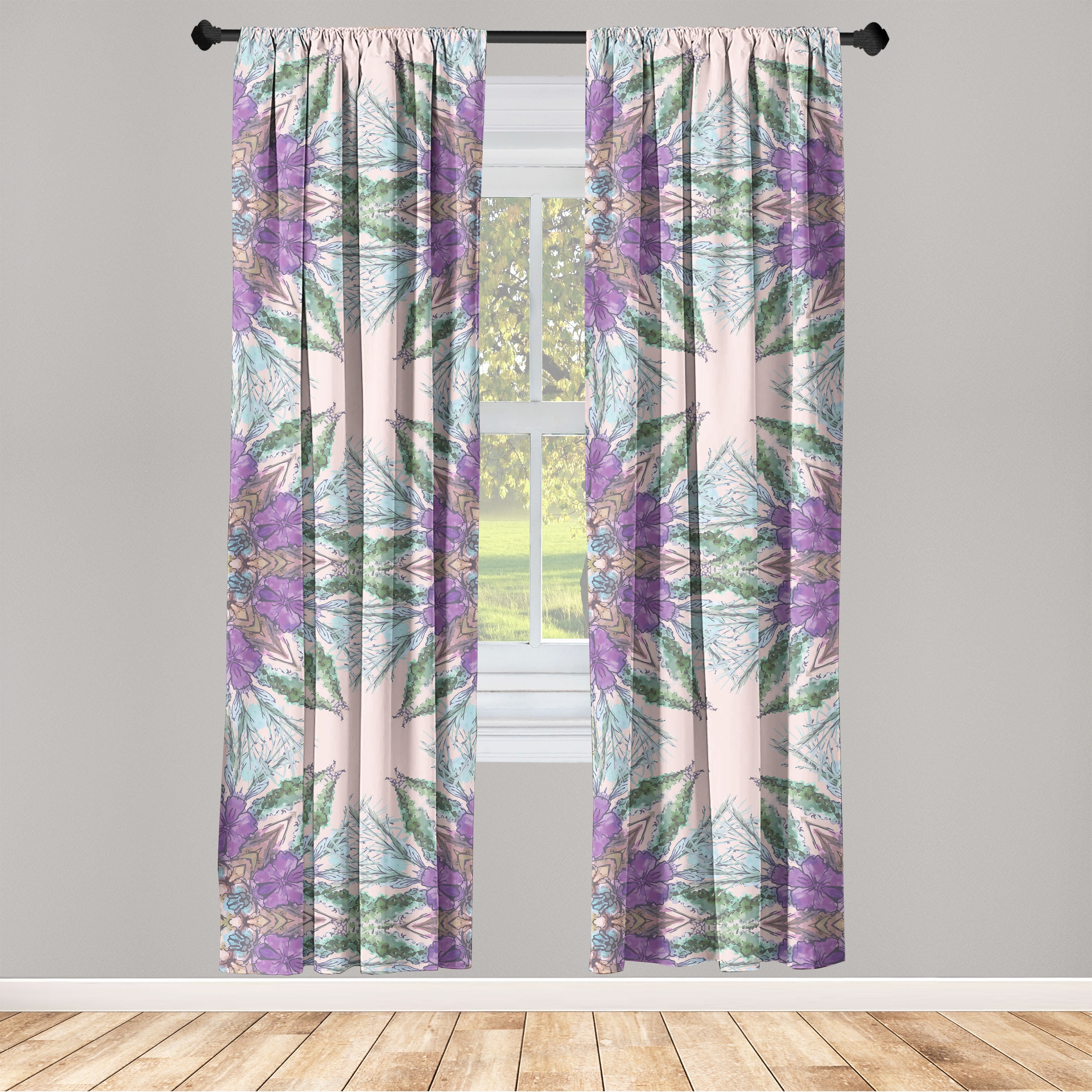Flowers Window Curtains, Fractal Look Abstract Floral Blooms on Nude ...