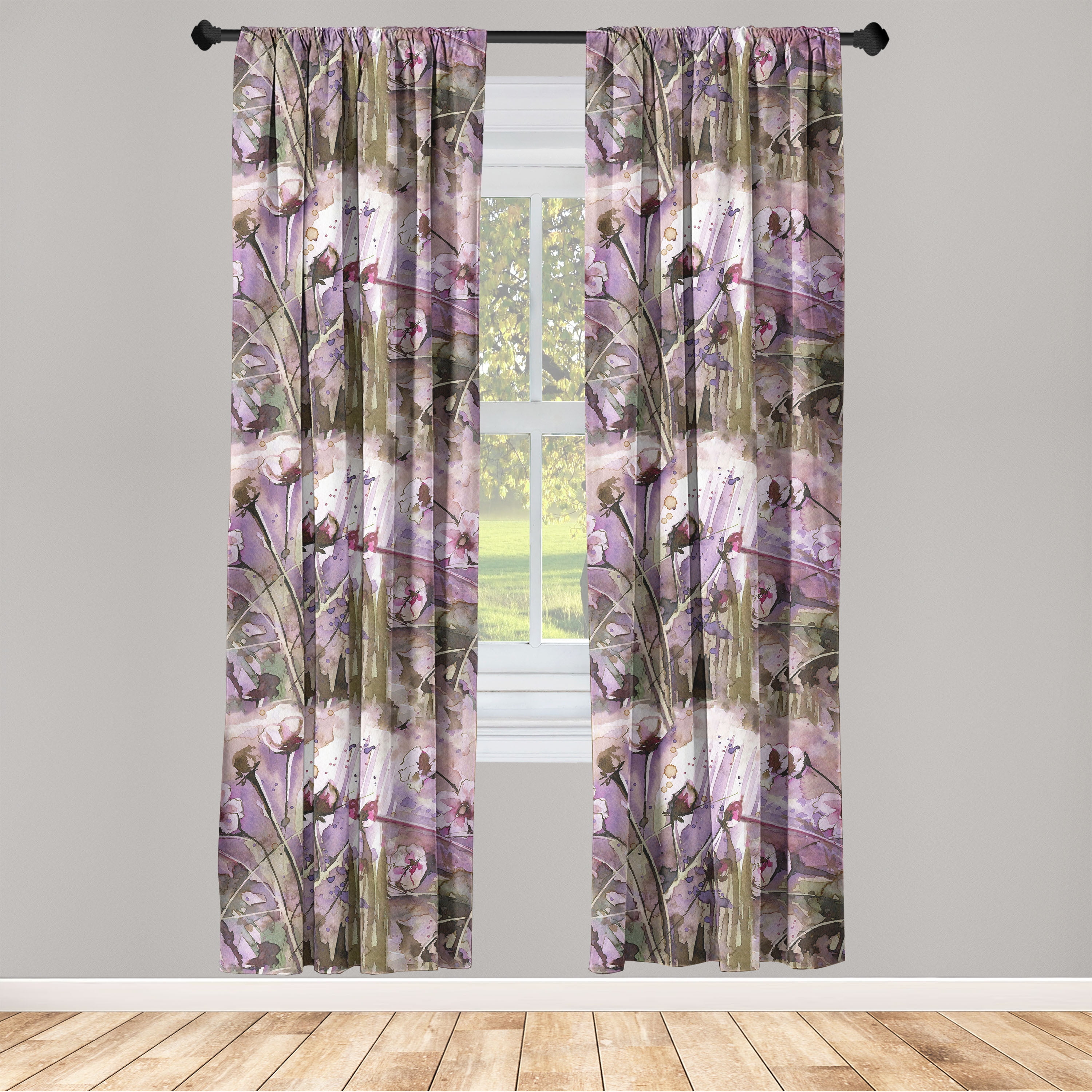 Flowers Window Curtains, Pinkish Watercolor Flowers with Grunge Paint ...
