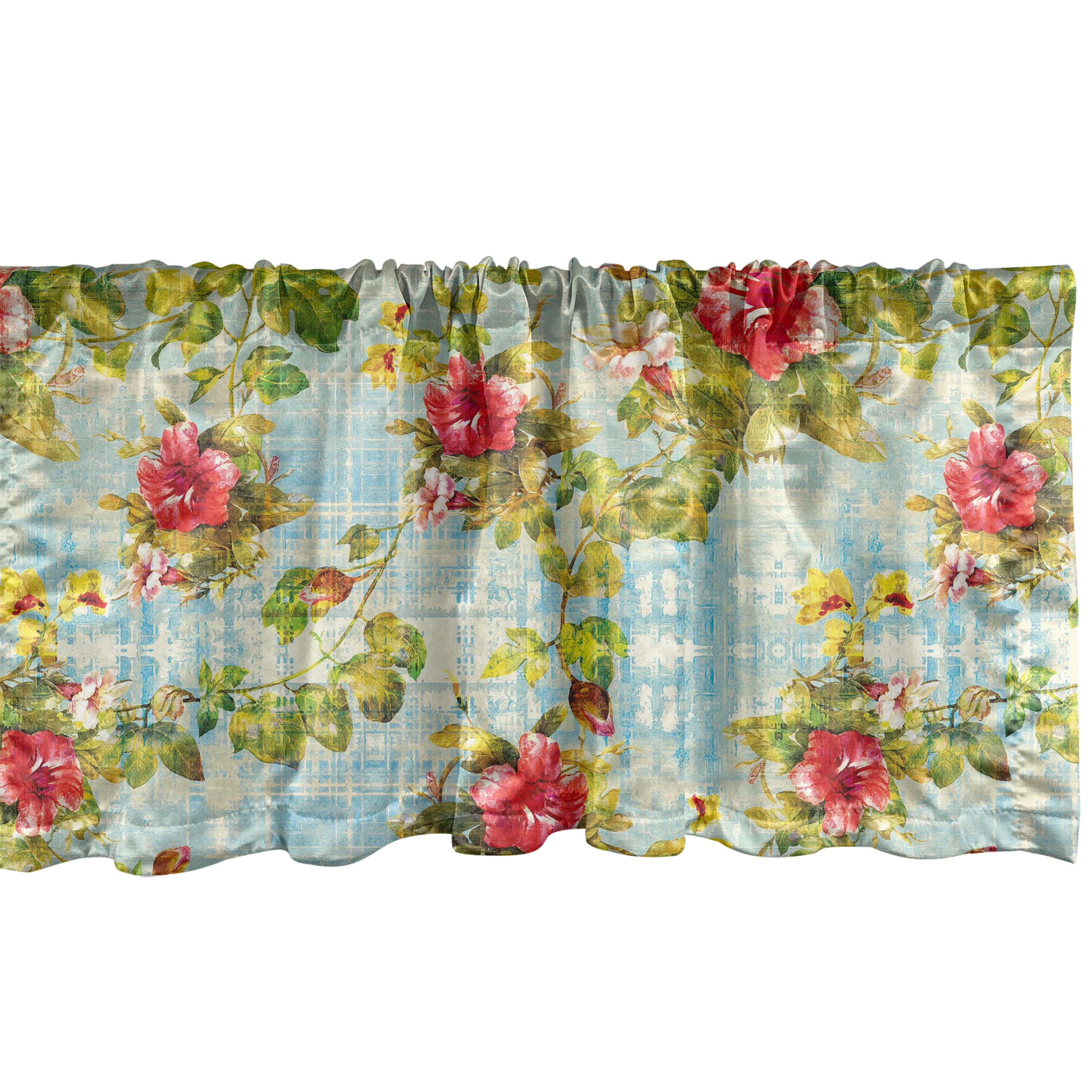 Flowers Window Valance, Tropical Hibiscuses Floral Pattern on Weathered ...