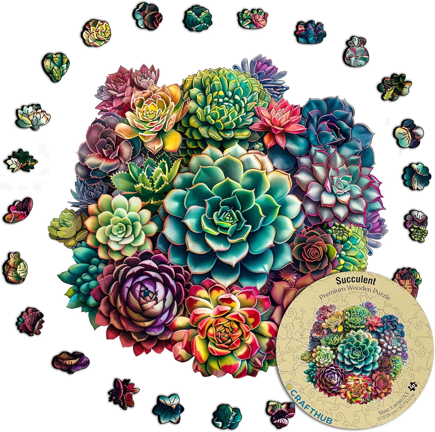 CRAFTHUB Flowers Wooden Puzzles for Adults – A3 Mandala Succulent Plants with 152 Pieces ...