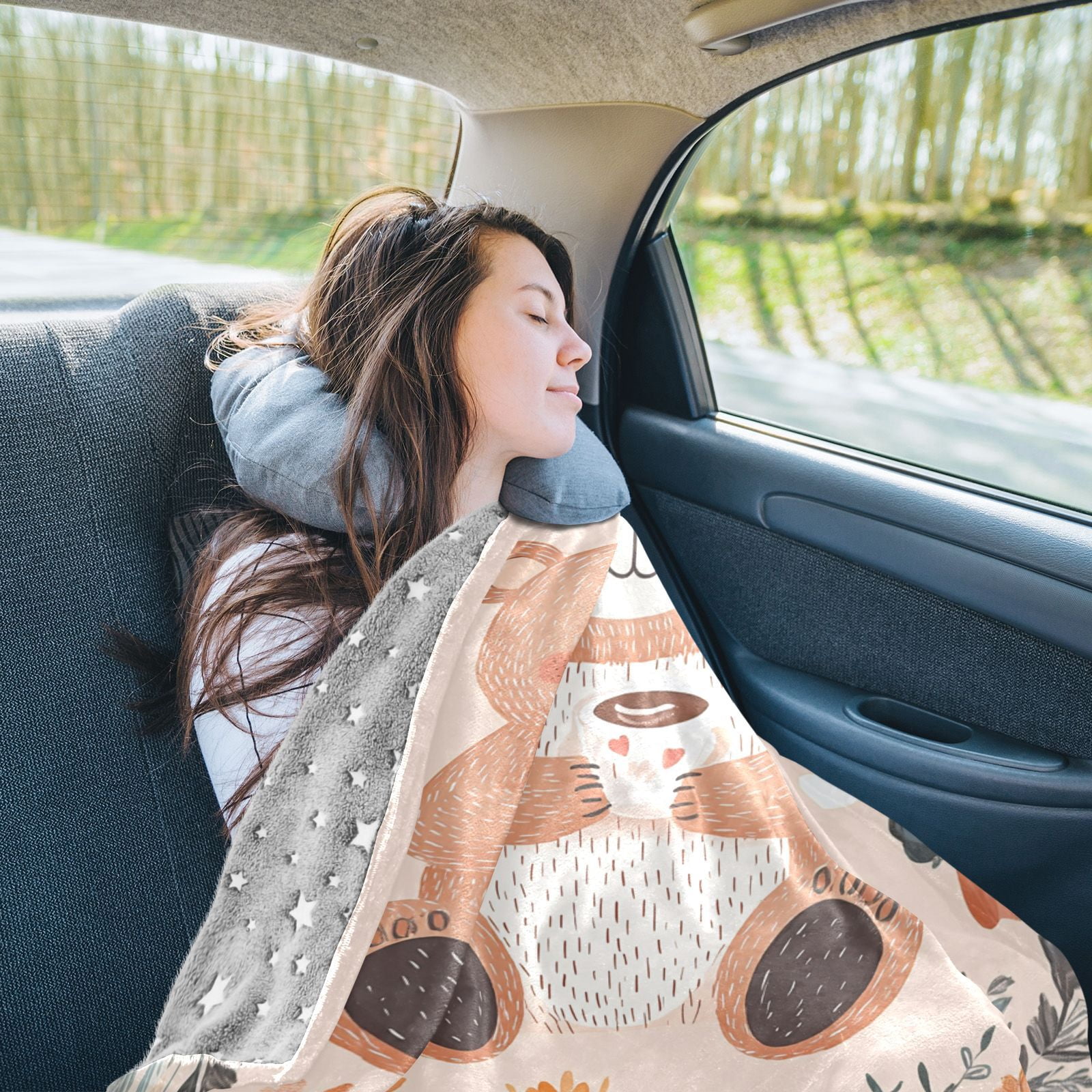 Flowers and Bears Travel Blanket Pillow Compact Foldable Airplane Throw ...