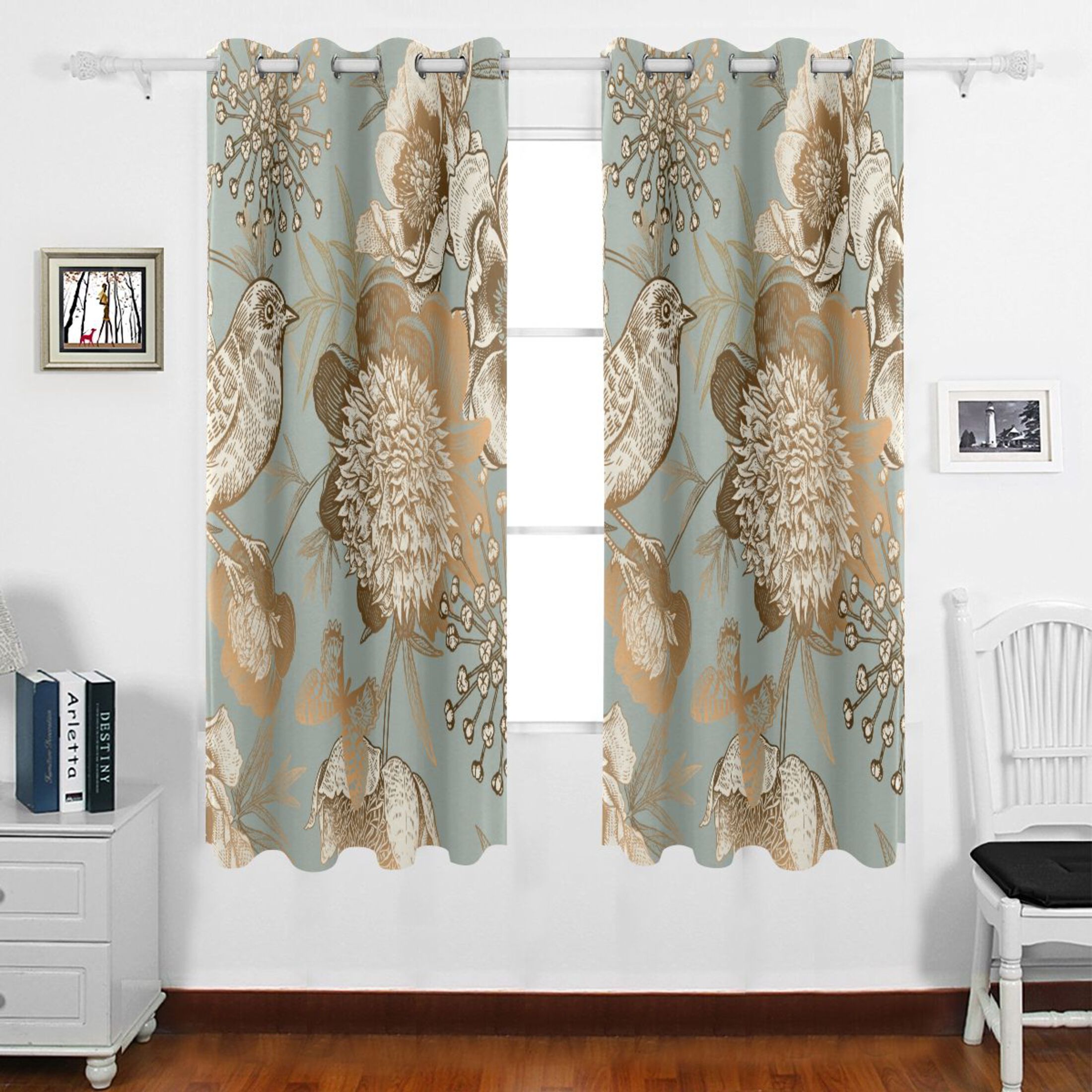 Flowers and Birds Leaves Grommet Blackout Curtains Thermal Insulated ...
